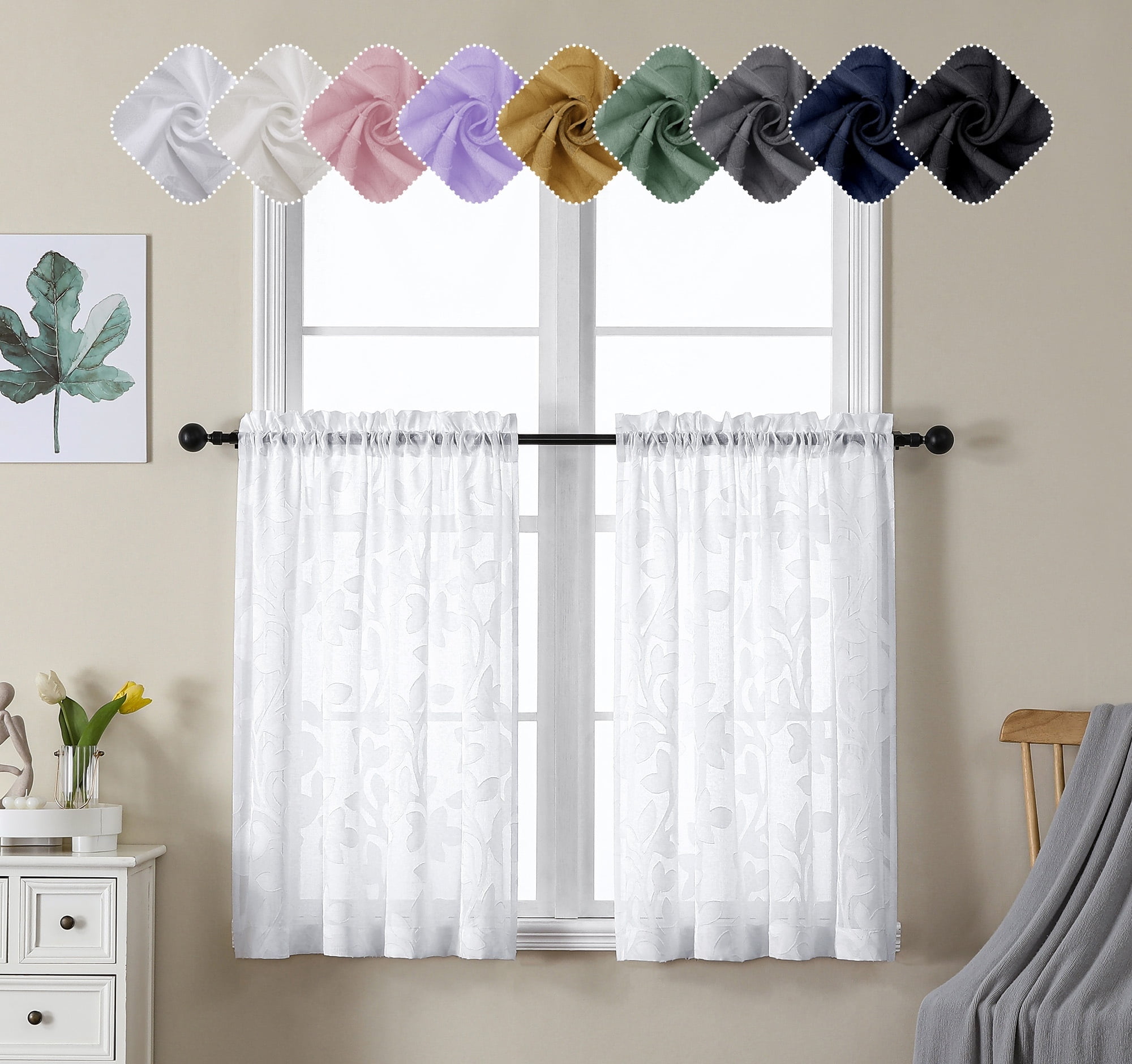 OVZME Darla White Sheer Curtain Tiers 36 Inch Length, Light Filtering ...