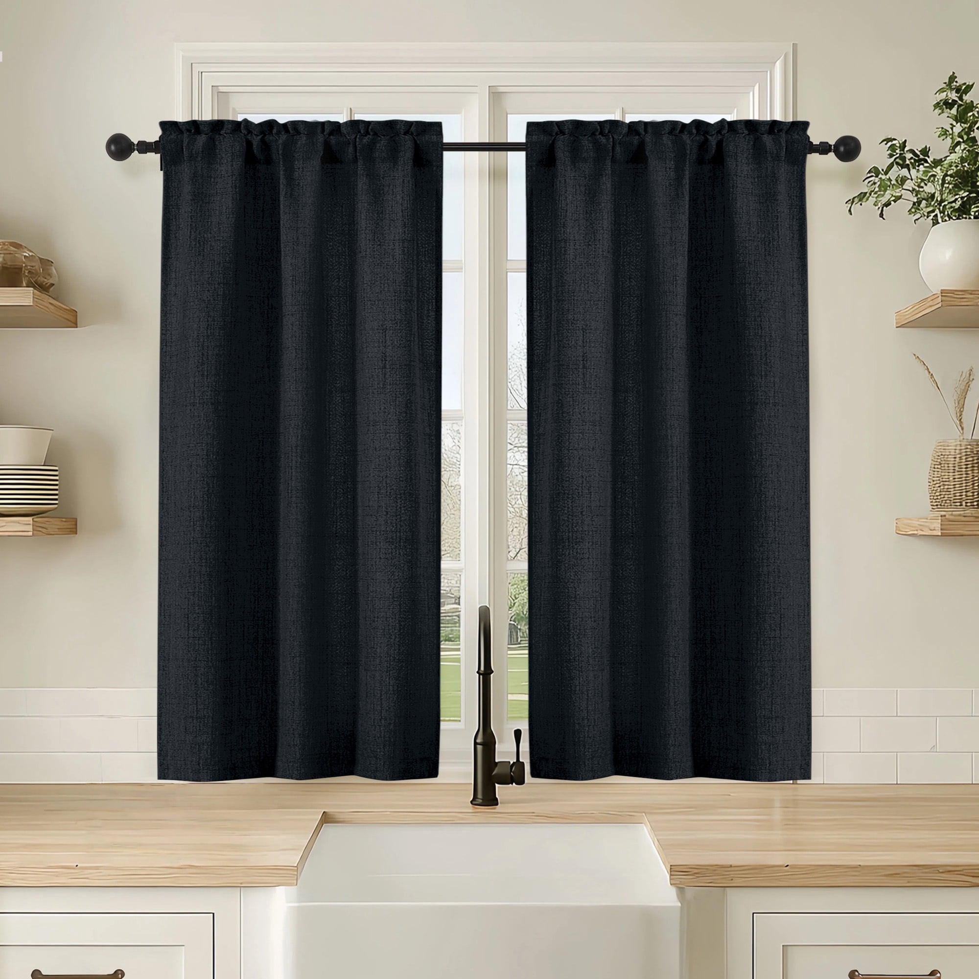 OVZME Judy Black 2PCS Kitchen Tier Curtains 45 Inch Length, Light ...