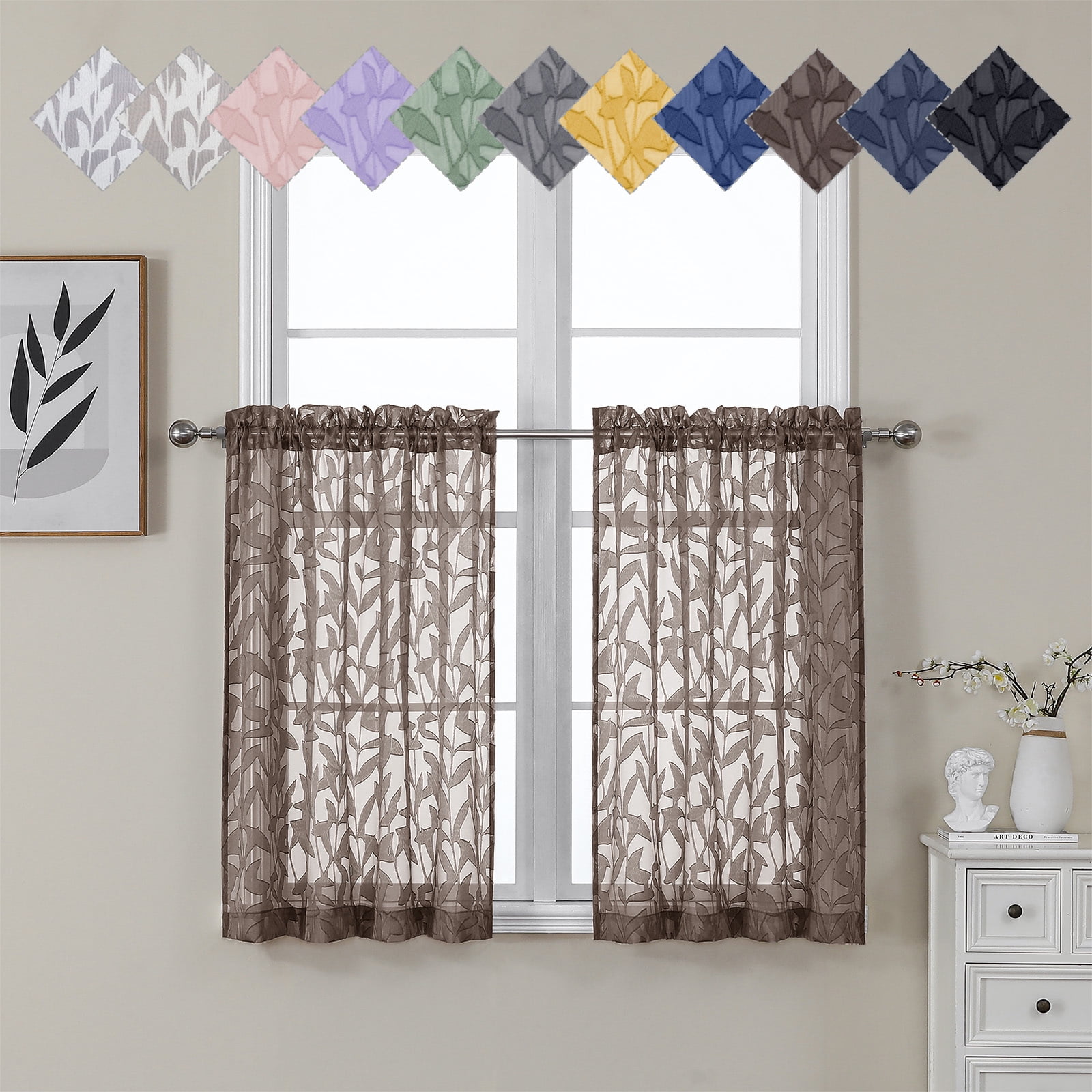 OVZME Leila Chocolate Leaf Jacquard Kitchen Curtains 36 Inches Long 2 ...