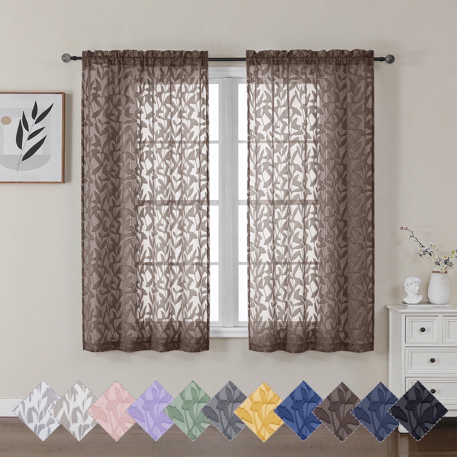 OVZME Leila Chocolate Sheer Curtains 45 Inch Length 2 Panels Set, Light ...