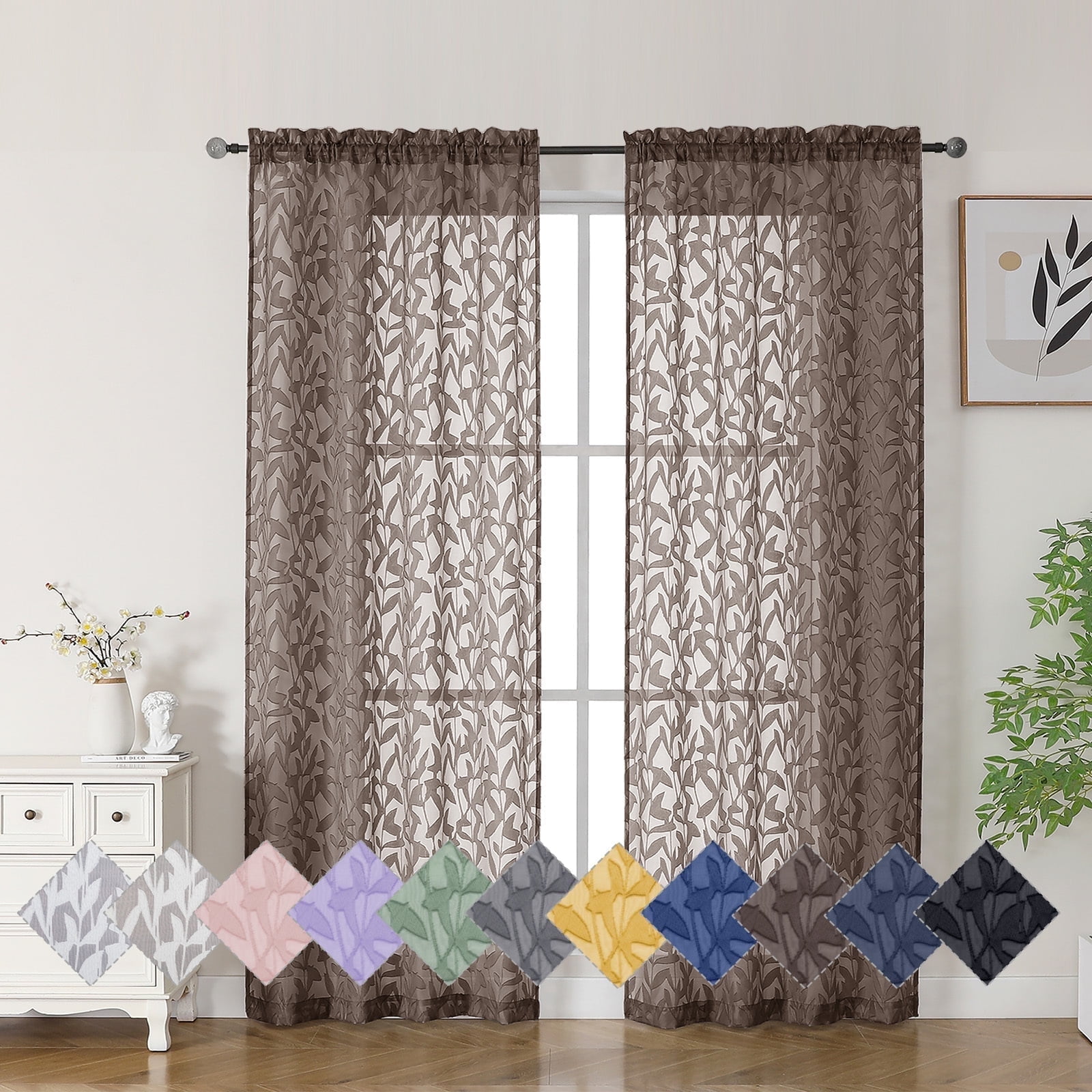 OVZME Leila Chocolate Sheer Curtains 72 Inches Long 2 Panels, Textured ...