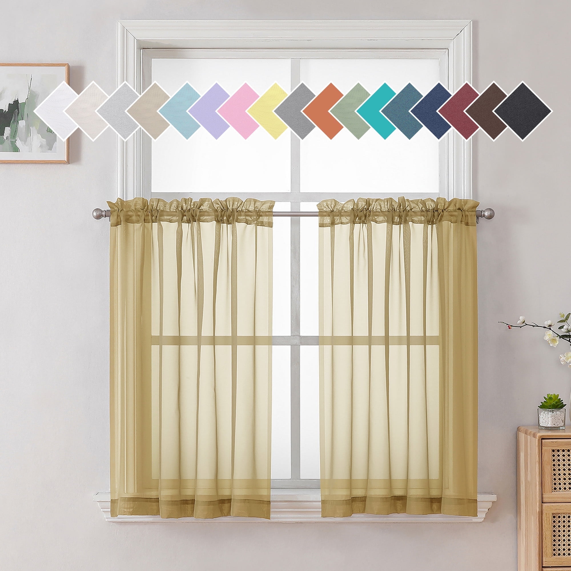 OVZME Gold Window Sheer Curtain Tiers 36 Inch Length Set of 2, Dual Rod ...