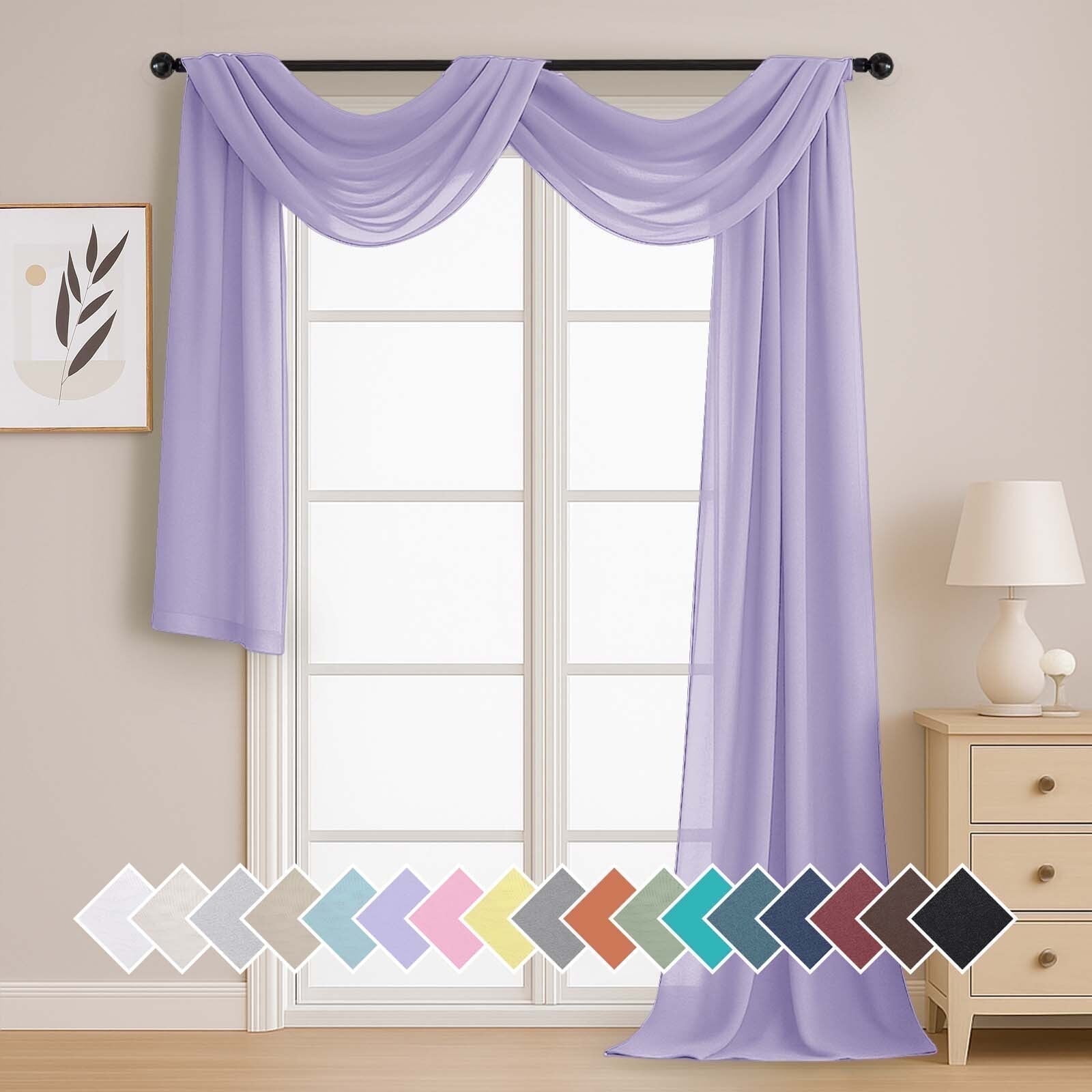 OVZME Lavender Sheer Scarf Valances for Windows 216 inch Extra Long ...