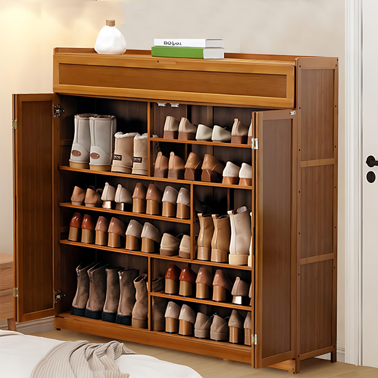 WM 7 Tier Bamboo Shoe Cabinet with 2 Folding Doors, 36-40 Pairs ...