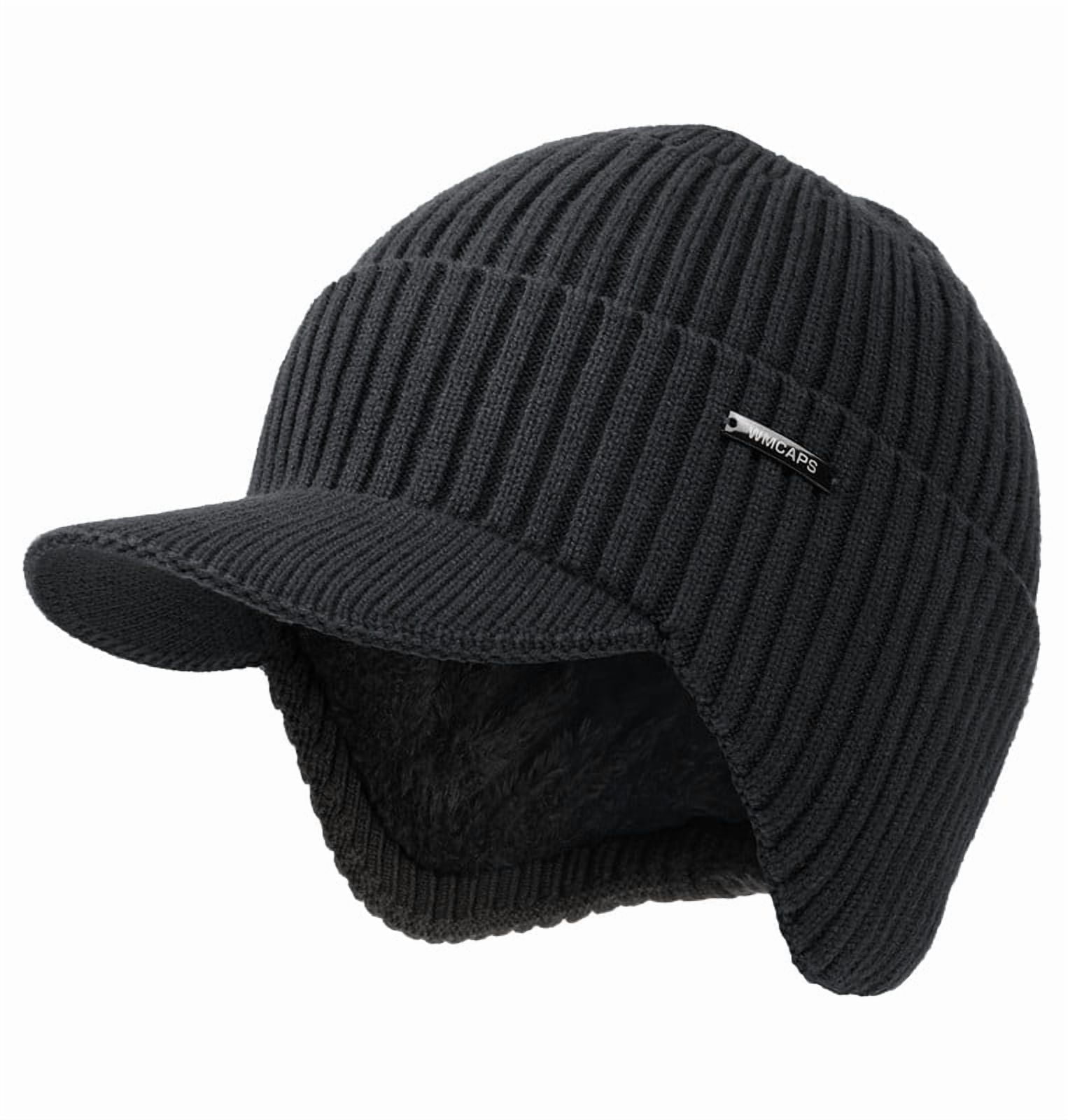 WMCAPS Winter Beanie with Brim and Ear Flaps, Outdoor Warm Fleece Lined ...