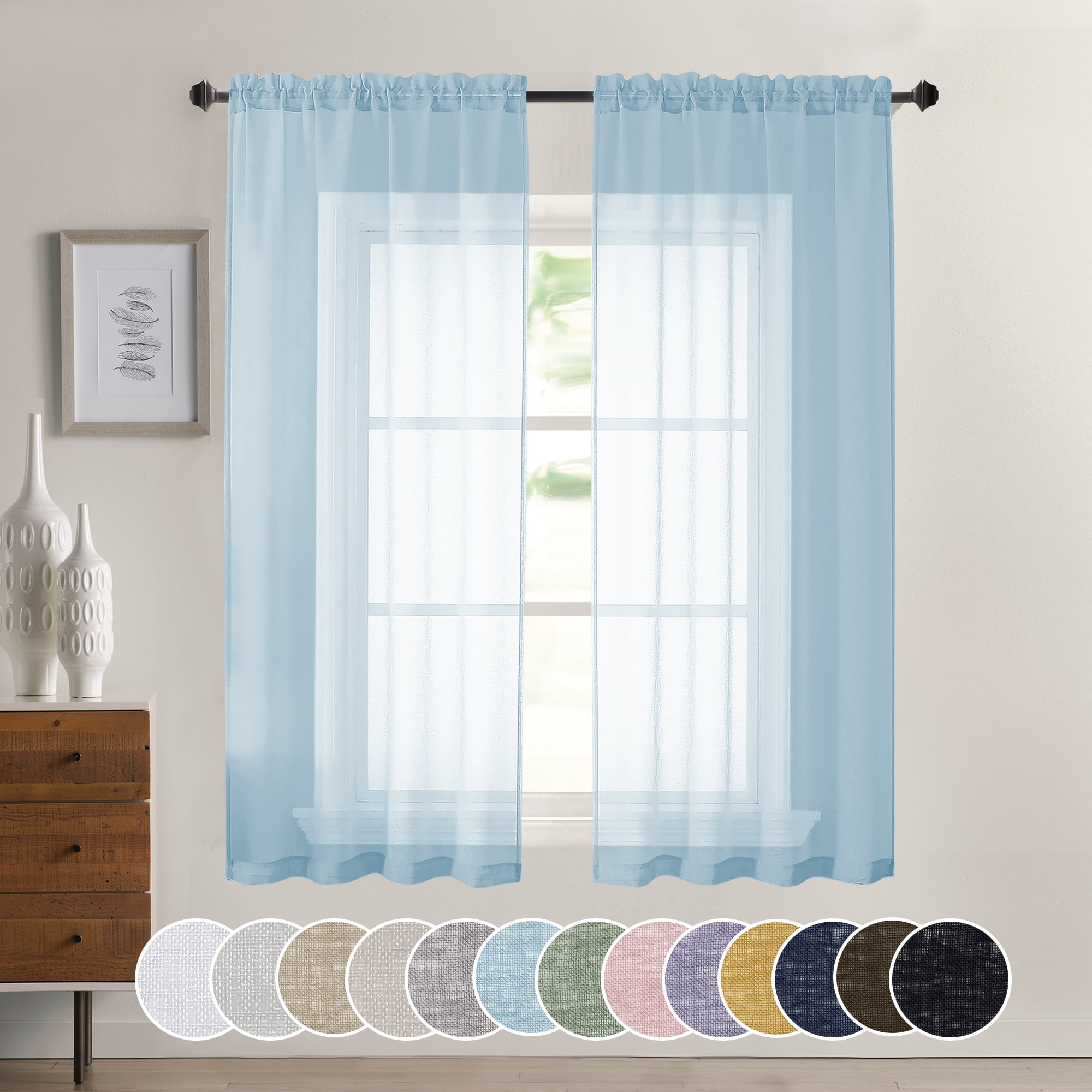 OVZME Sheer Curtains Faux Linen Textured Bedroom Window Treatments Light Filtering Dual Rod ...