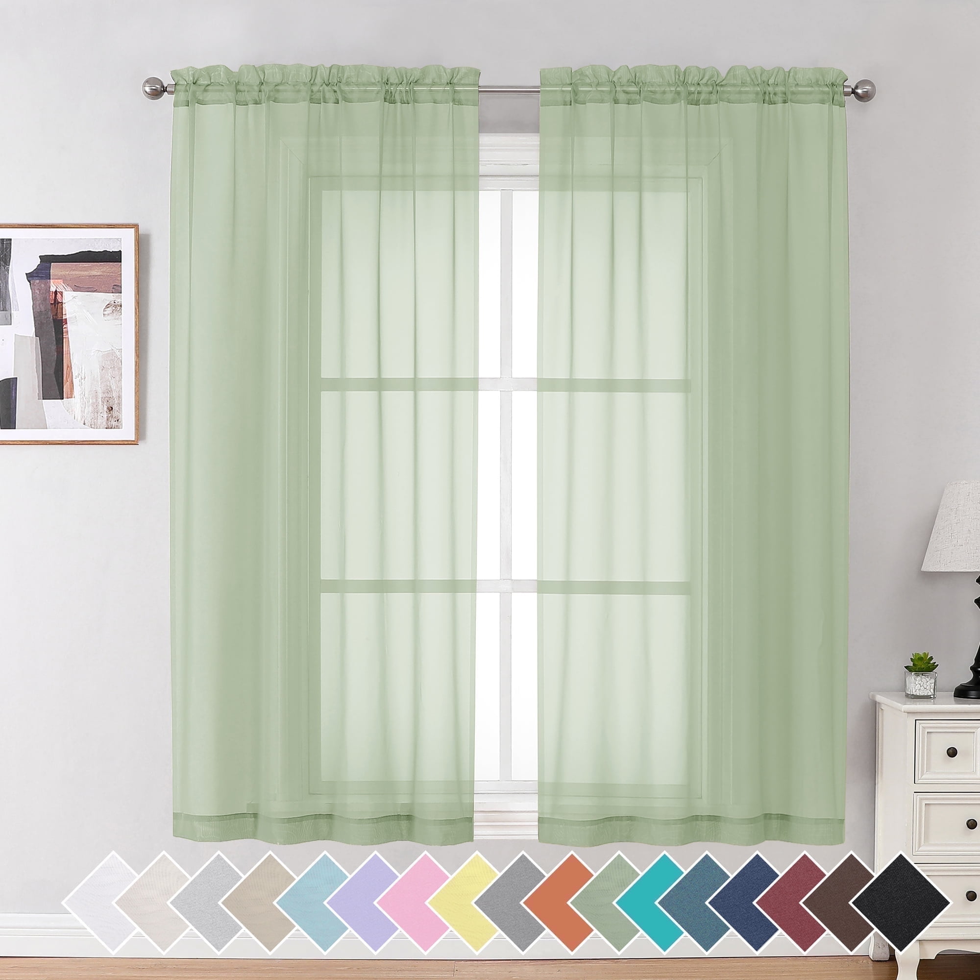OVZME Light Green Sheer Curtain Panel Pair 63 inch Length,Light Filtering for Kitchen, Bedroom ...