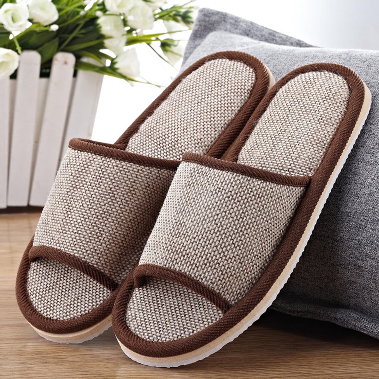 WMTBSRSW Unisex Open Toe House Slippers Breathable Flax Flat Slipper ...