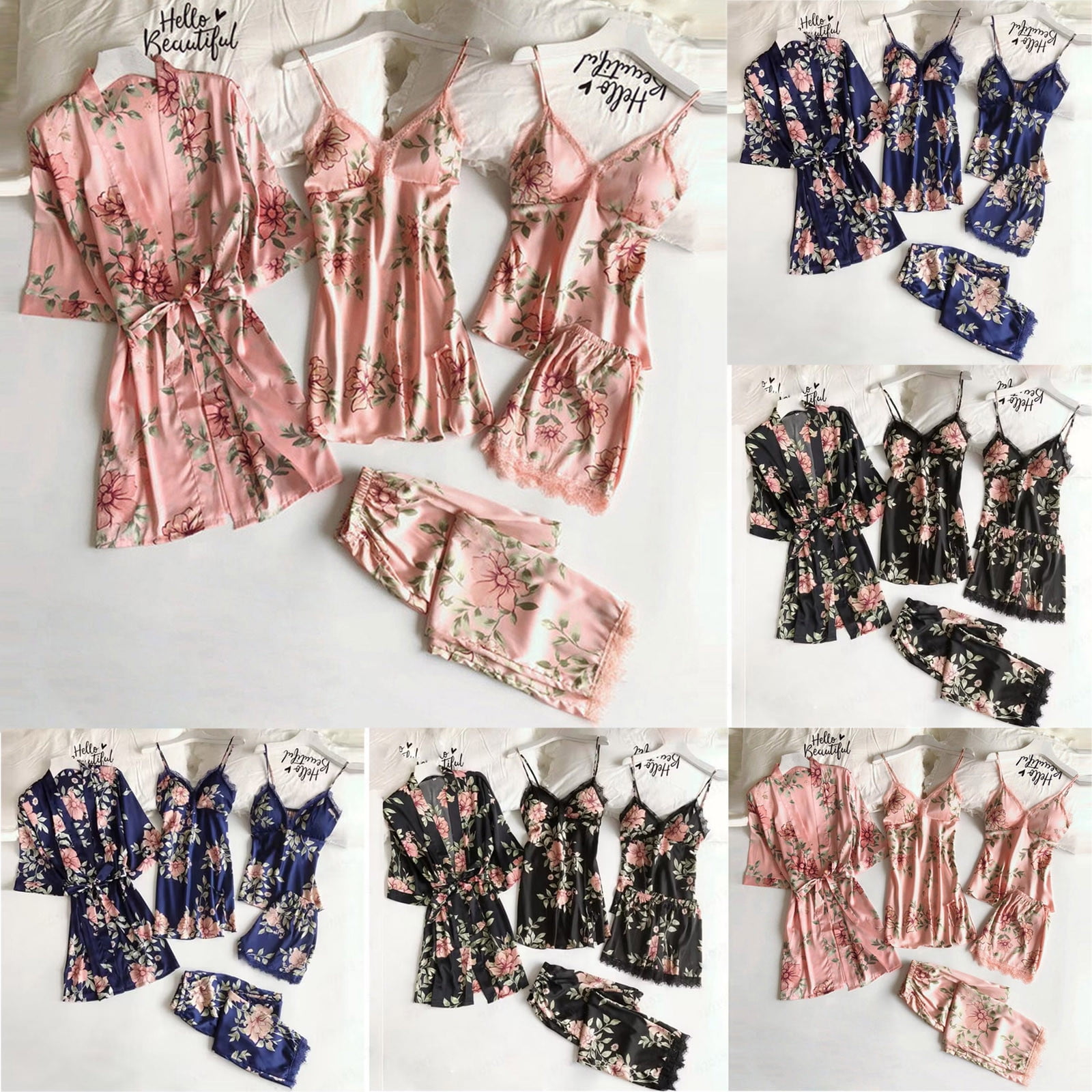 WMTBSRSW Womens 5pcs Silk Satin Pajama Set Floral Print Cami Pjs with ...