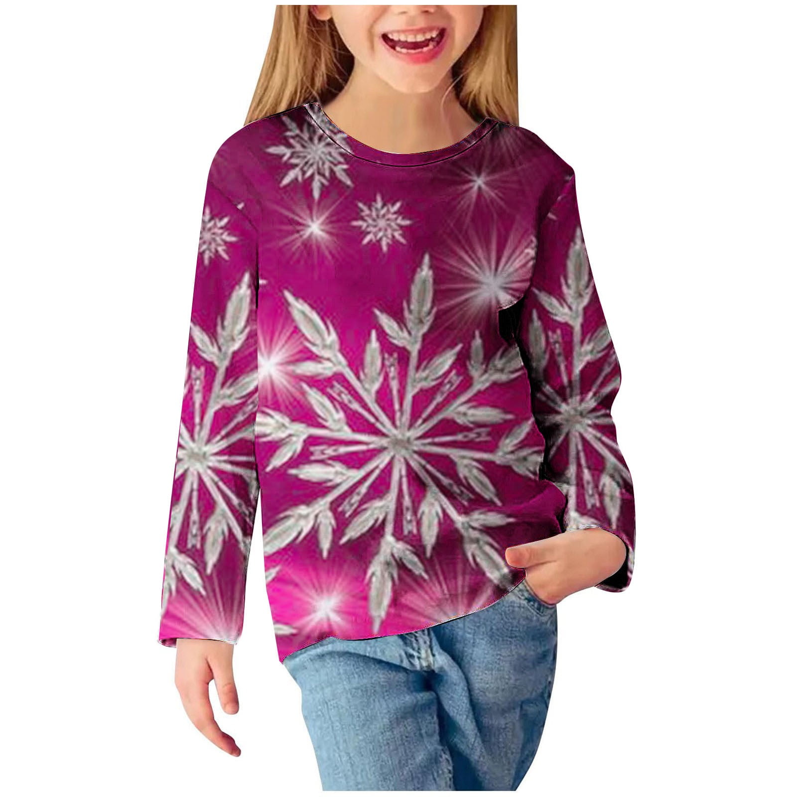 WMTBSRSW Girls Christmas T-Shirt Casual Long Sleeve Crewneck Snowflake ...