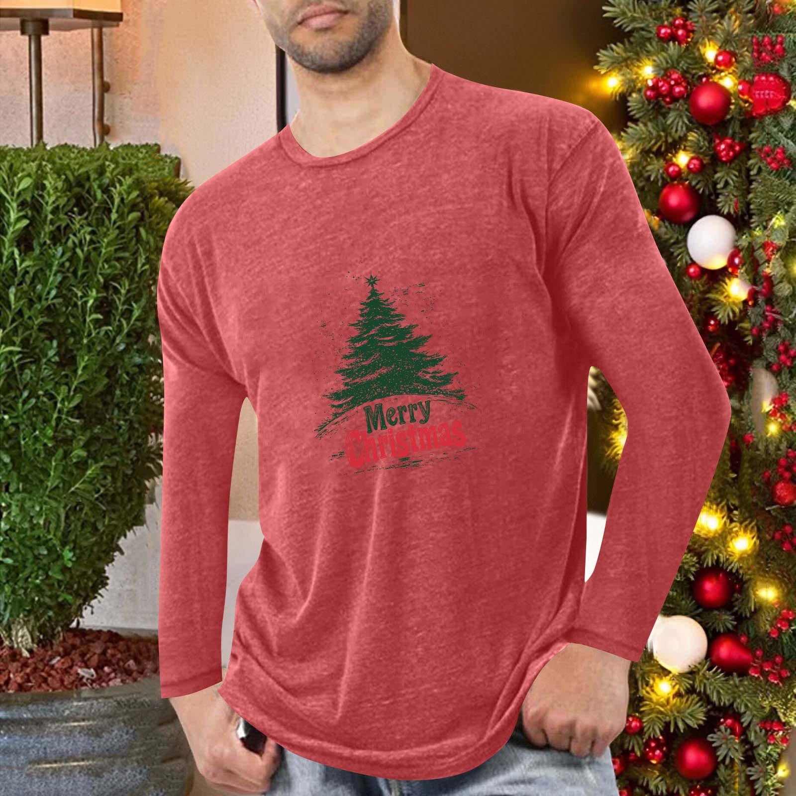 WMTBSRSW Men's Merry Christmas Tops Long Sleeve T-Shirts Craphic Casual ...
