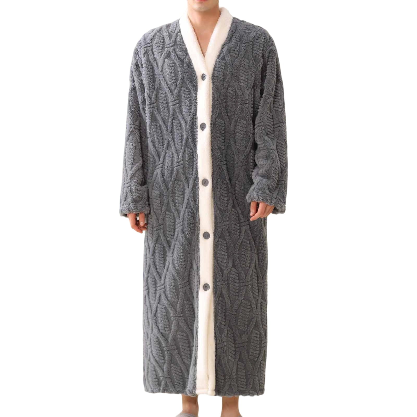 dazeni Mens Flannel Robes Full Length Fleece Button Down Bathrobe ...