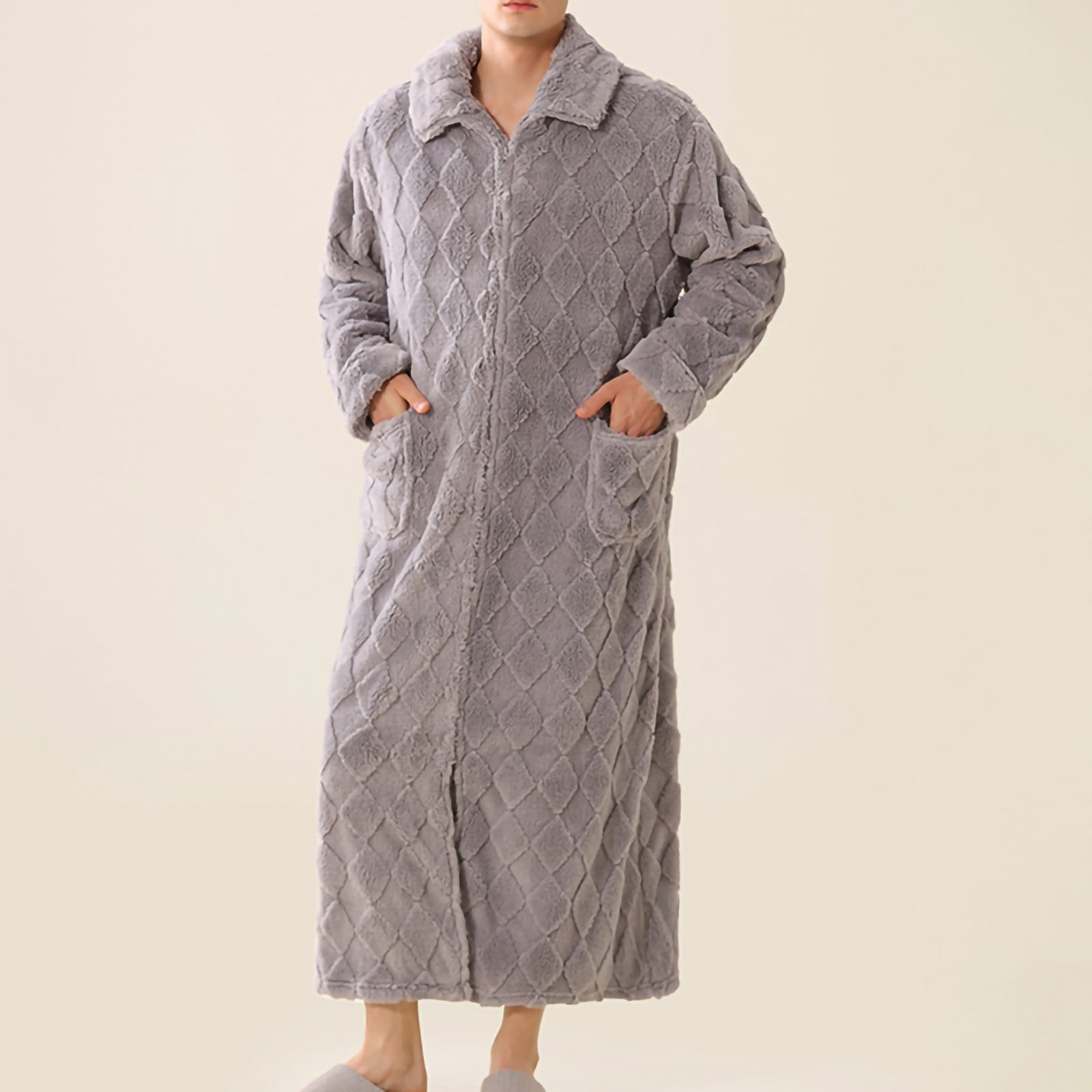 dazeni Mens Flannel Robes Full Length Fleece Zip up Bathrobe Texture ...
