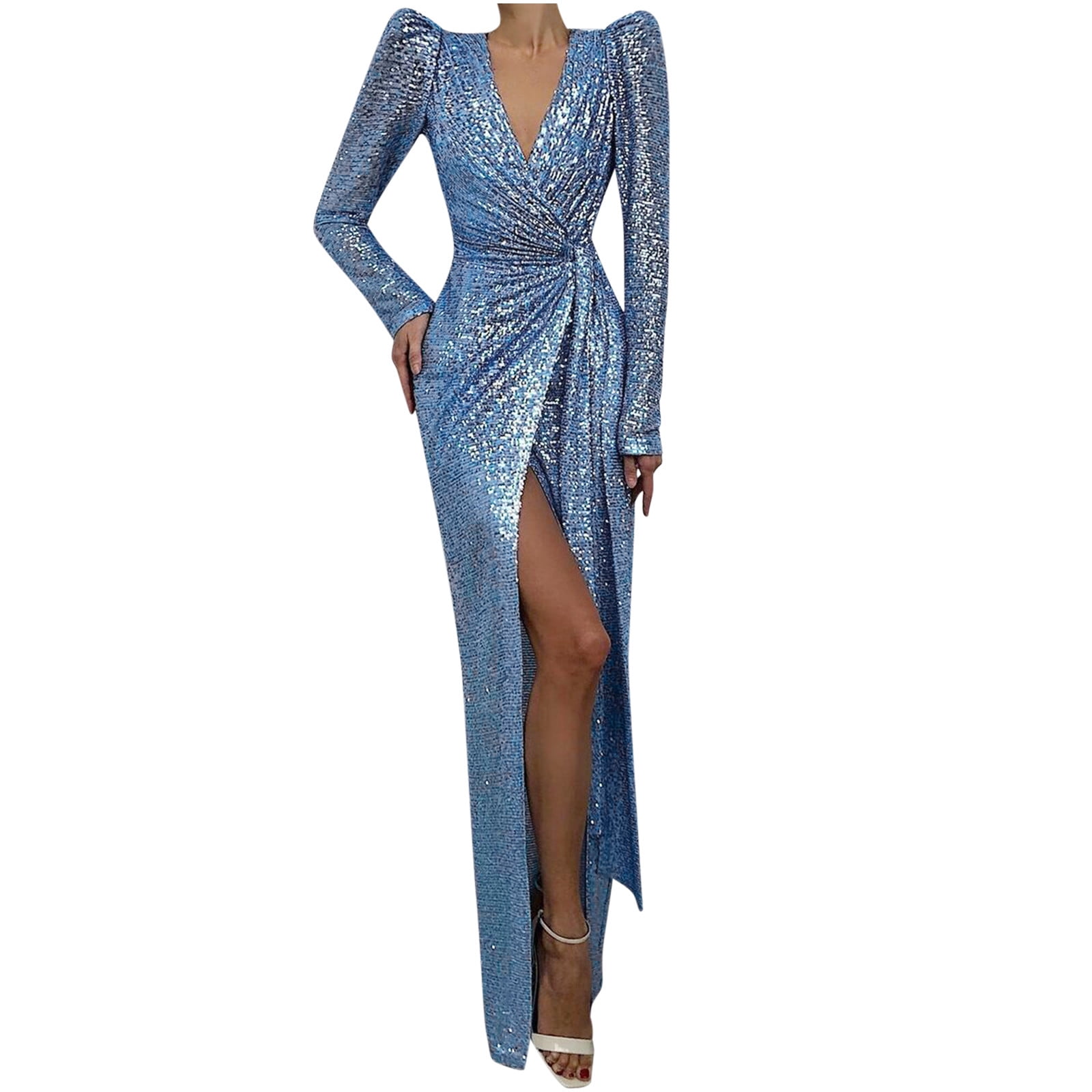 WMTBSRSW Oversized Evening Dresses for Women Long Sleeve Deep V Neck Slits Sequin Ball Gown High ...