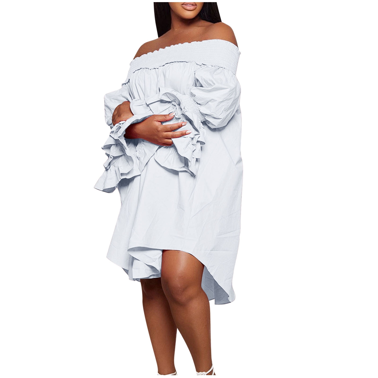 WMTBSRSW Off The Shoulder Dresses for Women Ruffles Puff Long Sleeve ...