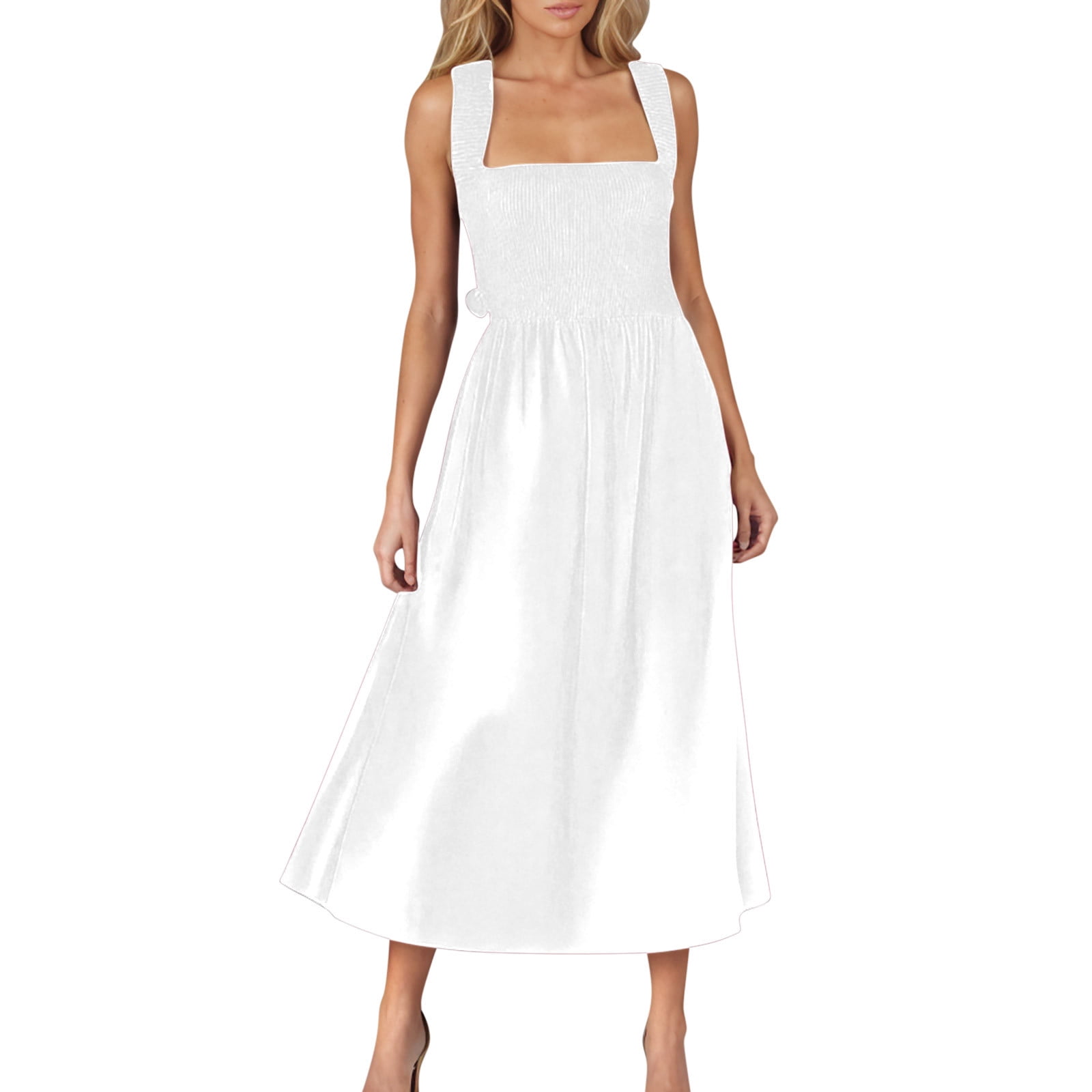 WMTBSRSW Summer Dresses for Women 2025 Square Neck Pleated Flowy A Line ...