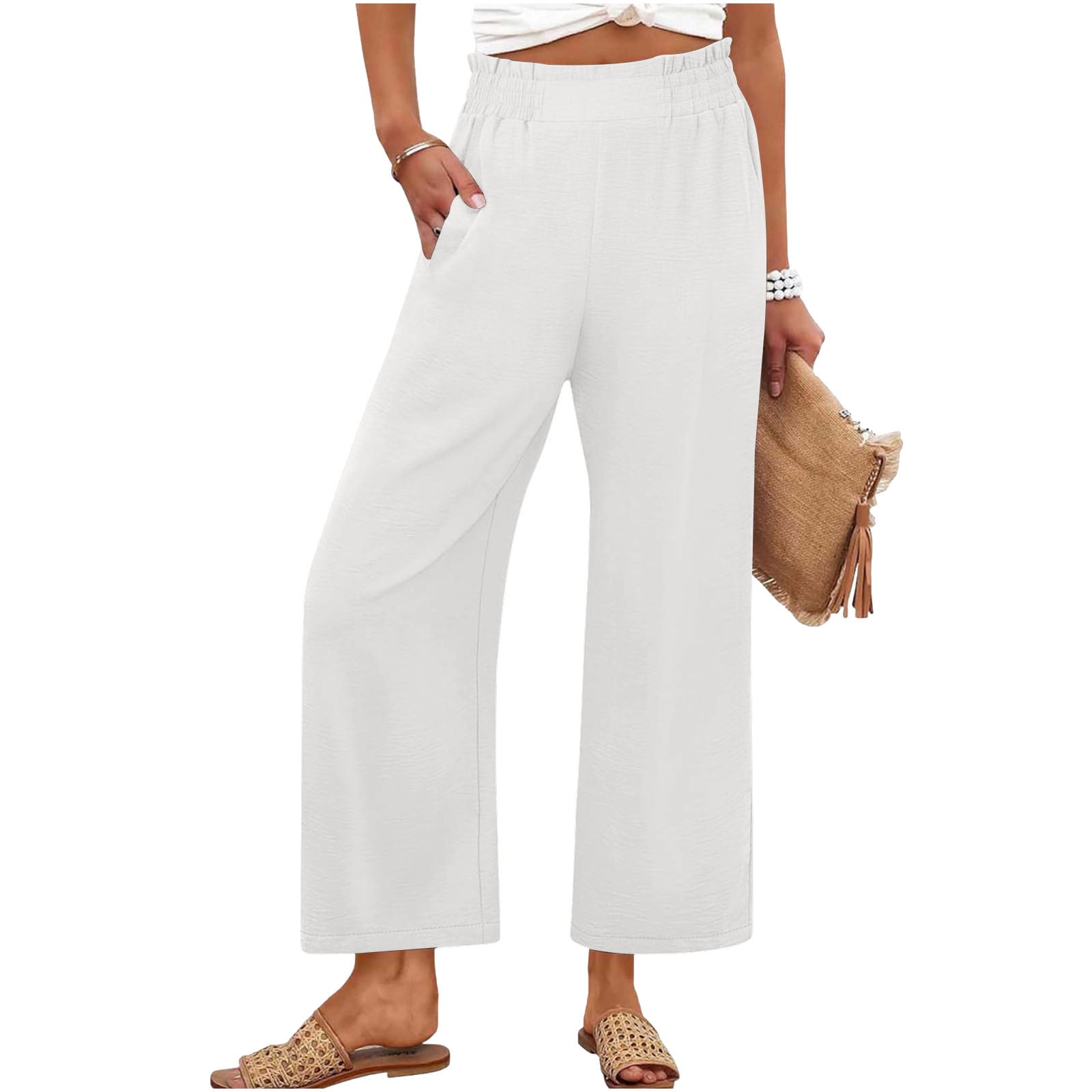 WMTBSRSW Wide Leg Linen Pants for Women Summer Smock Waisted Palazzo ...