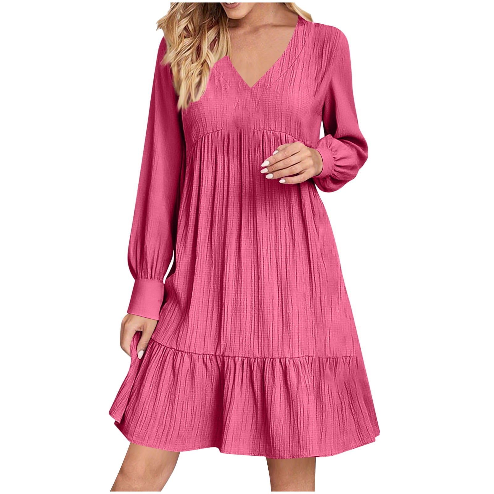 WMTBSRSW Women Fall Spring Long Sleeve V Neck Dress Loose Causal Flowy ...