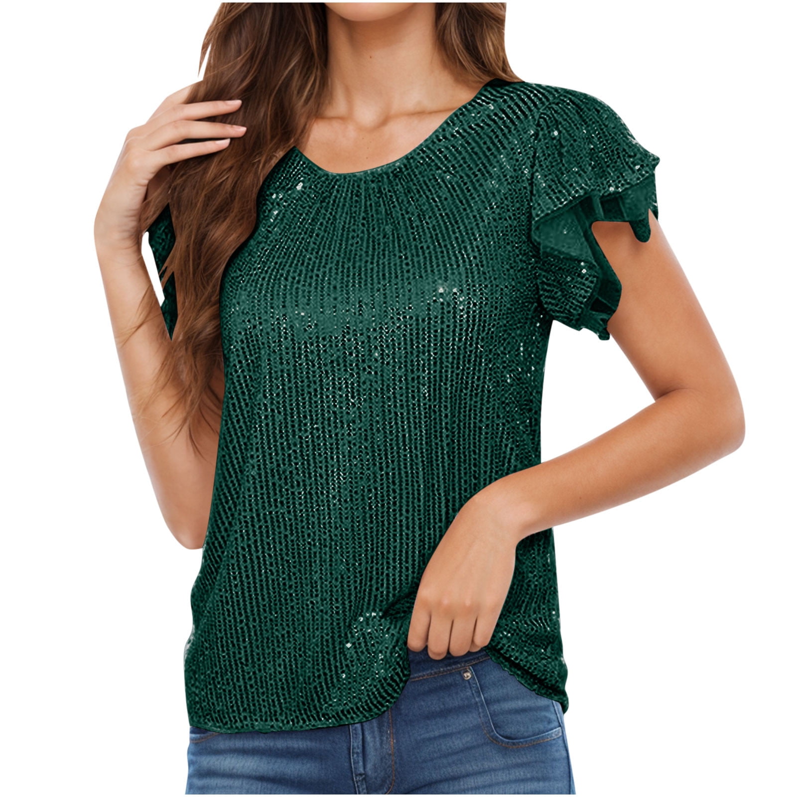WMTBSRSW Women's 2025 Trendy Sequie Tops Cap Sleeve Twist Front Crew ...
