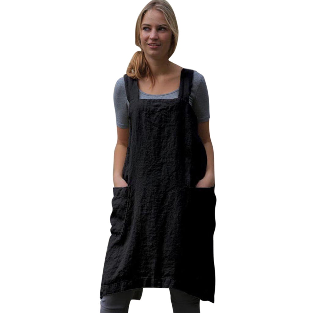 WMTBSRSW Women's Linen Apron Dress Pinafore Dress Loose Casual Straps ...