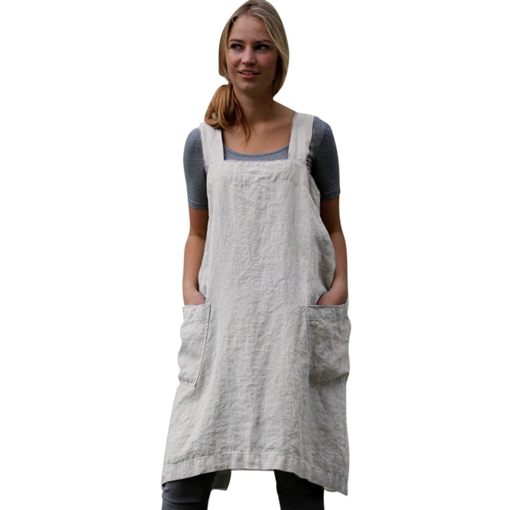 WMTBSRSW Women's Linen Apron Dress Pinafore Dress Loose Casual Straps ...