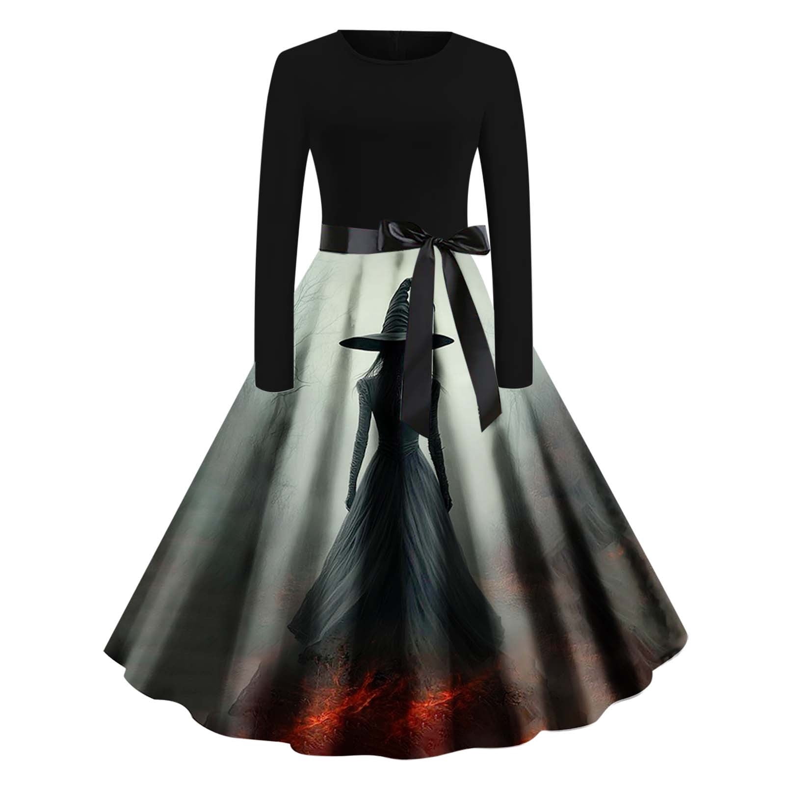 WMTBSRSW Women's Long Sleeve Dress Cute Spooky Print A Line Swing Knee ...