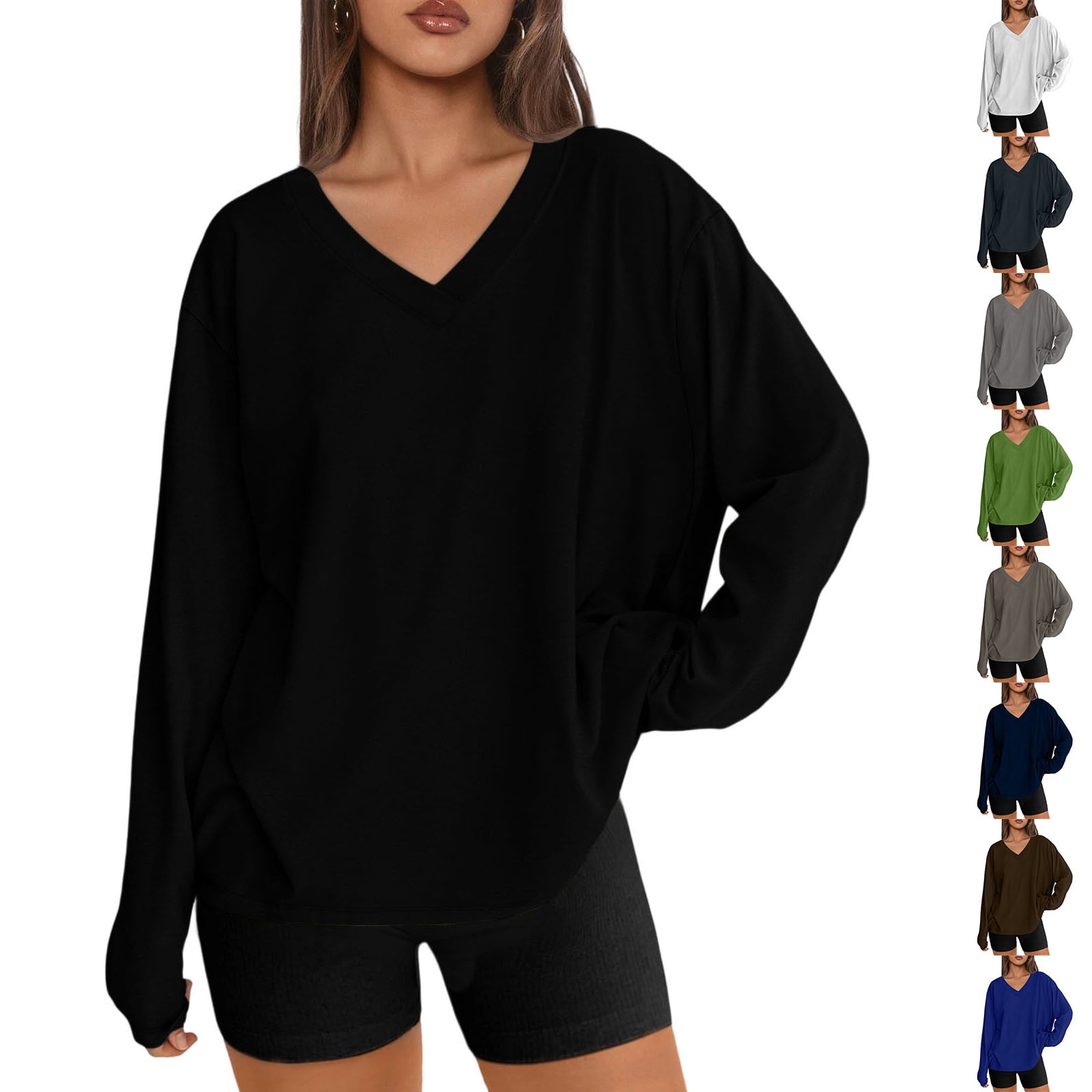 WMTBSRSW Women's Long Sleeve Tops Oversized V Neck Shirts Loose Casual ...