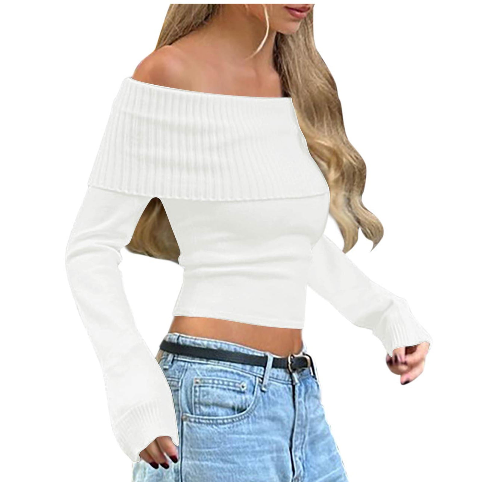 WMTBSRSW Women's Off The Shoulder Sweater Ribbed Knit Crop Sweater ...