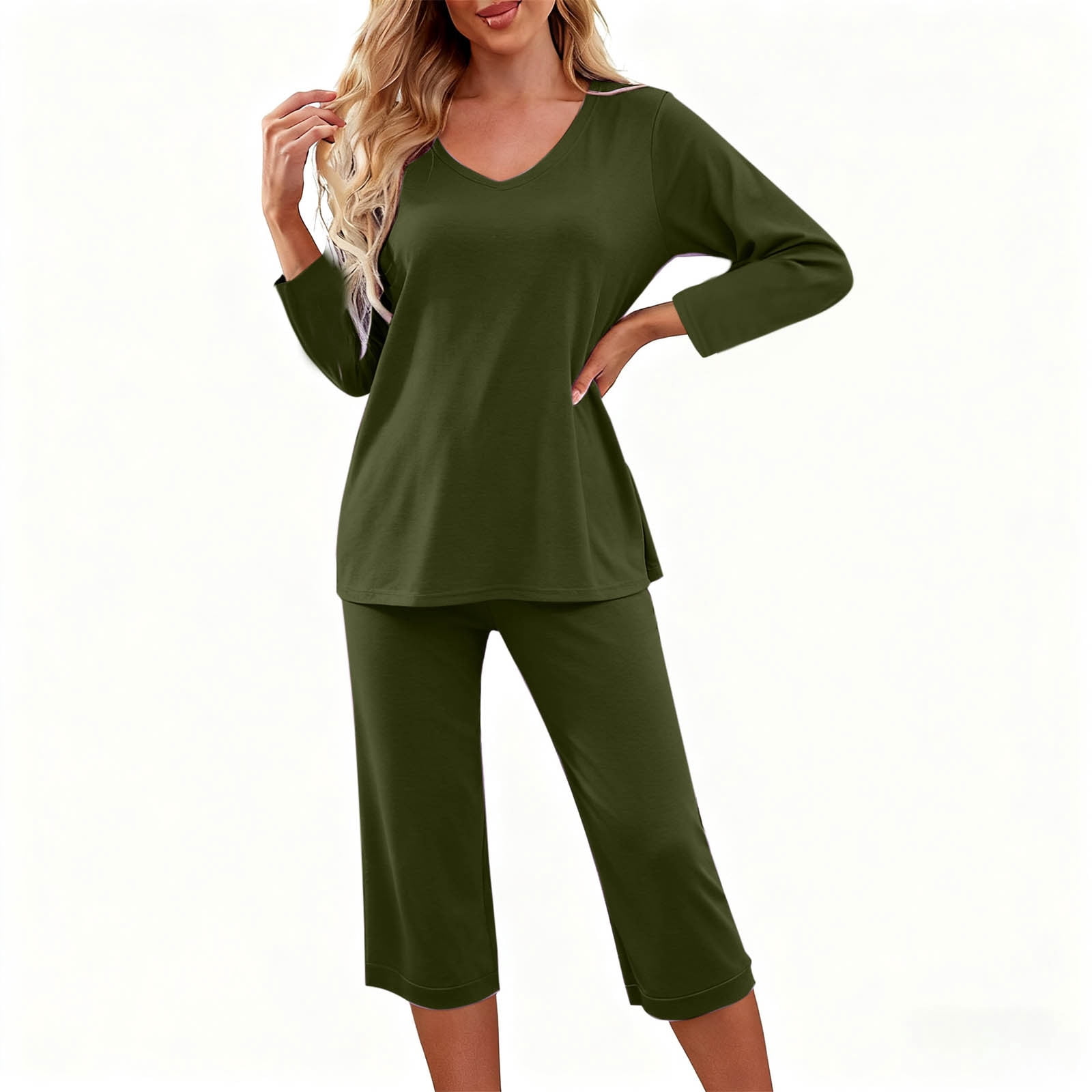WMTBSRSW Womens 2 Piece Outfits Lightweight Soft Pajamas Sets Solid V ...