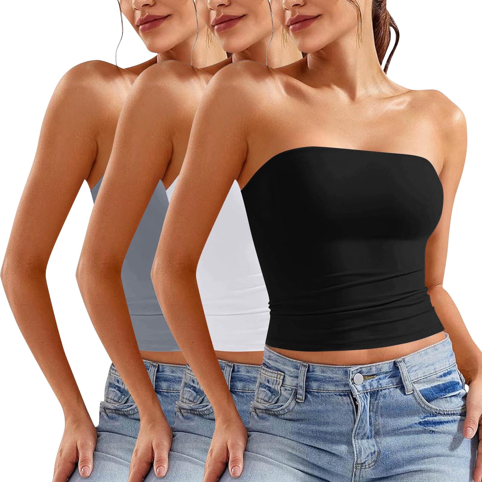 WMTBSRSW Womens 3 Pack Tube Tops Y2k Crop Going Out Tops Comfy Strapless Basic Backless Bandeau ...