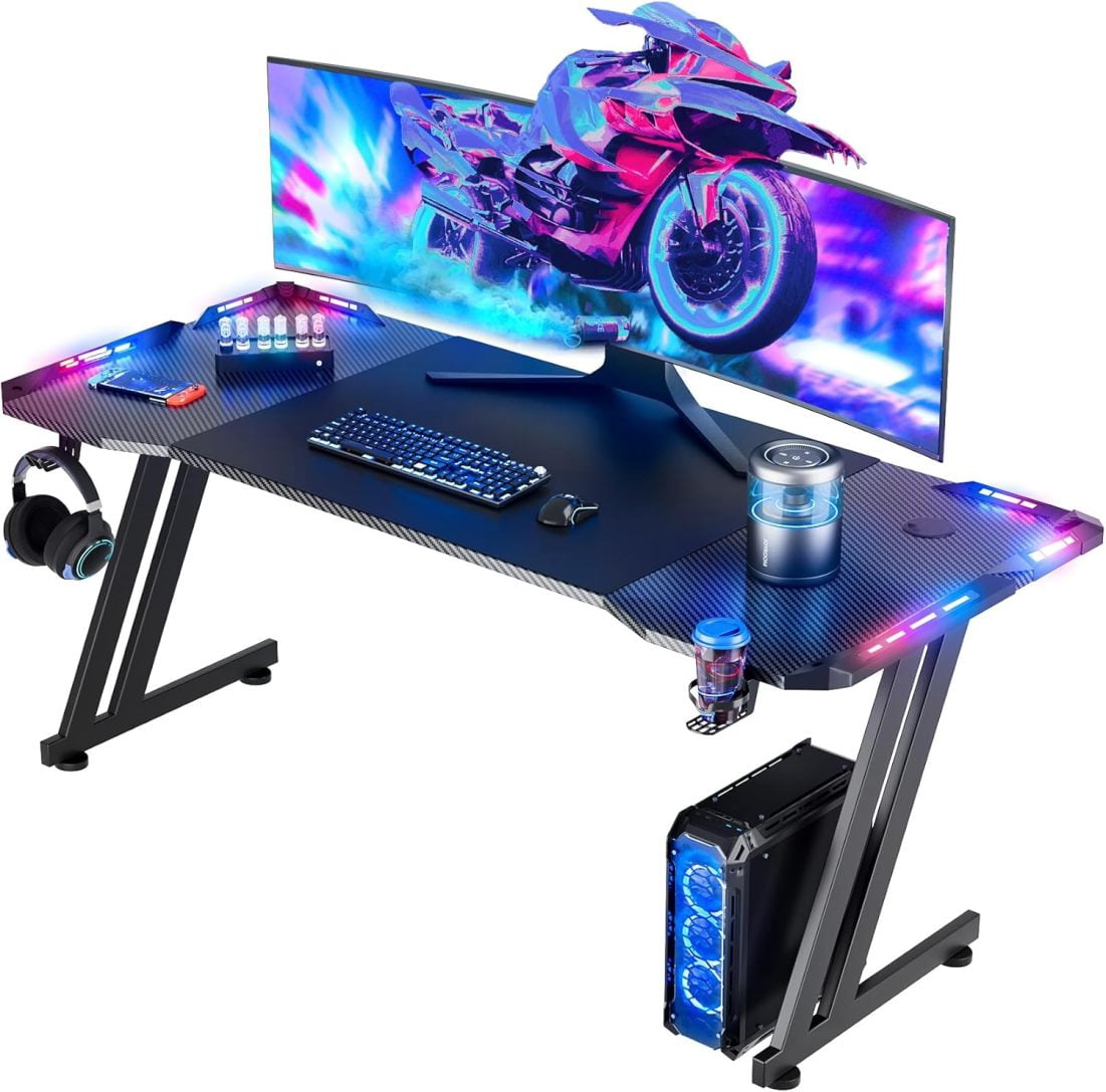 WMZP 63 Inch Gaming Desk with LED Lights Carbon Fibre Surface Gaming ...