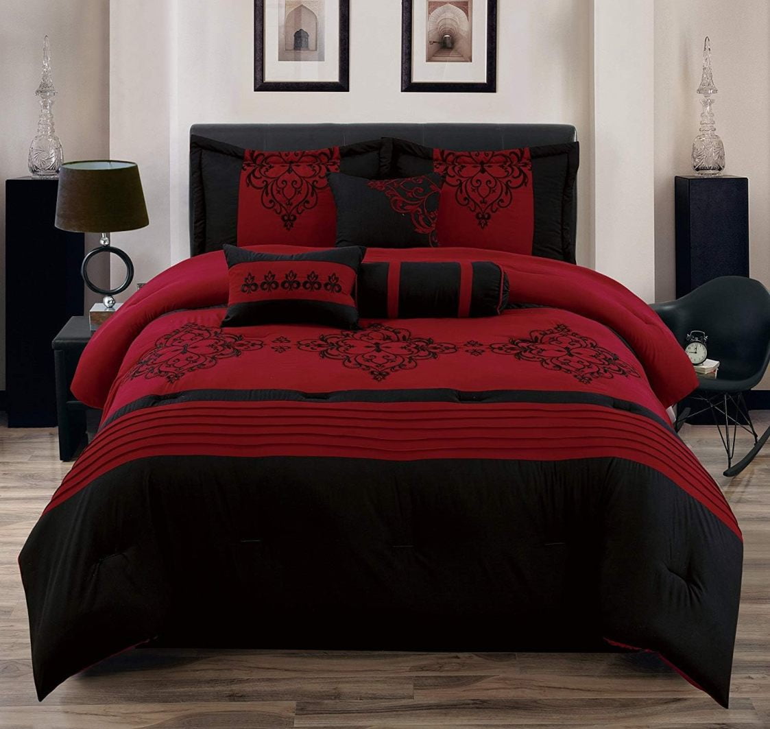WMZP 8 Piece Red & Black Oversized Flocking Comforter Set (Full ...