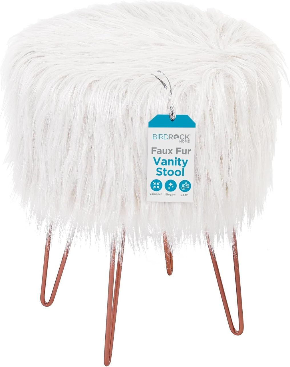 WMZP White Faux Fur Vanity Stool Chair - Soft Furry Compact Padded Seat ...