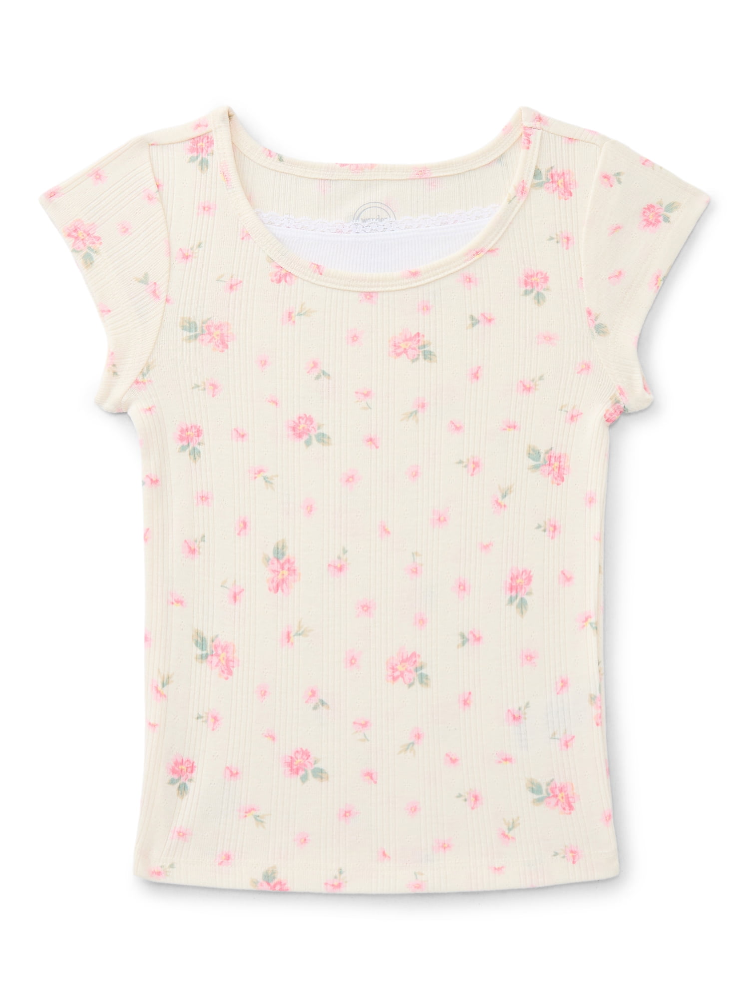 Wonder Nation Girls Pointelle Lace Top with Short Sleeves, Sizes 4-18 ...