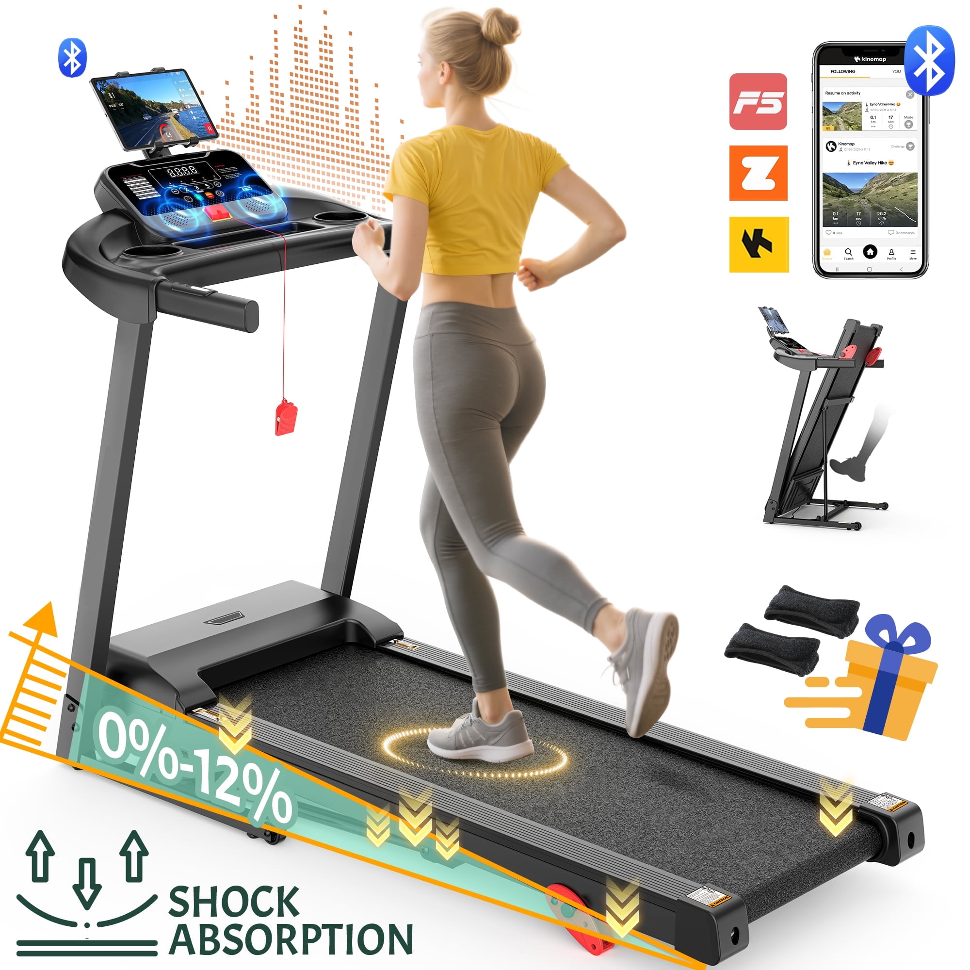 WNANEEZ 2.75HP Folding Treadmill 300 lbs Capacity, 3-Level Incline, 0.6 ...