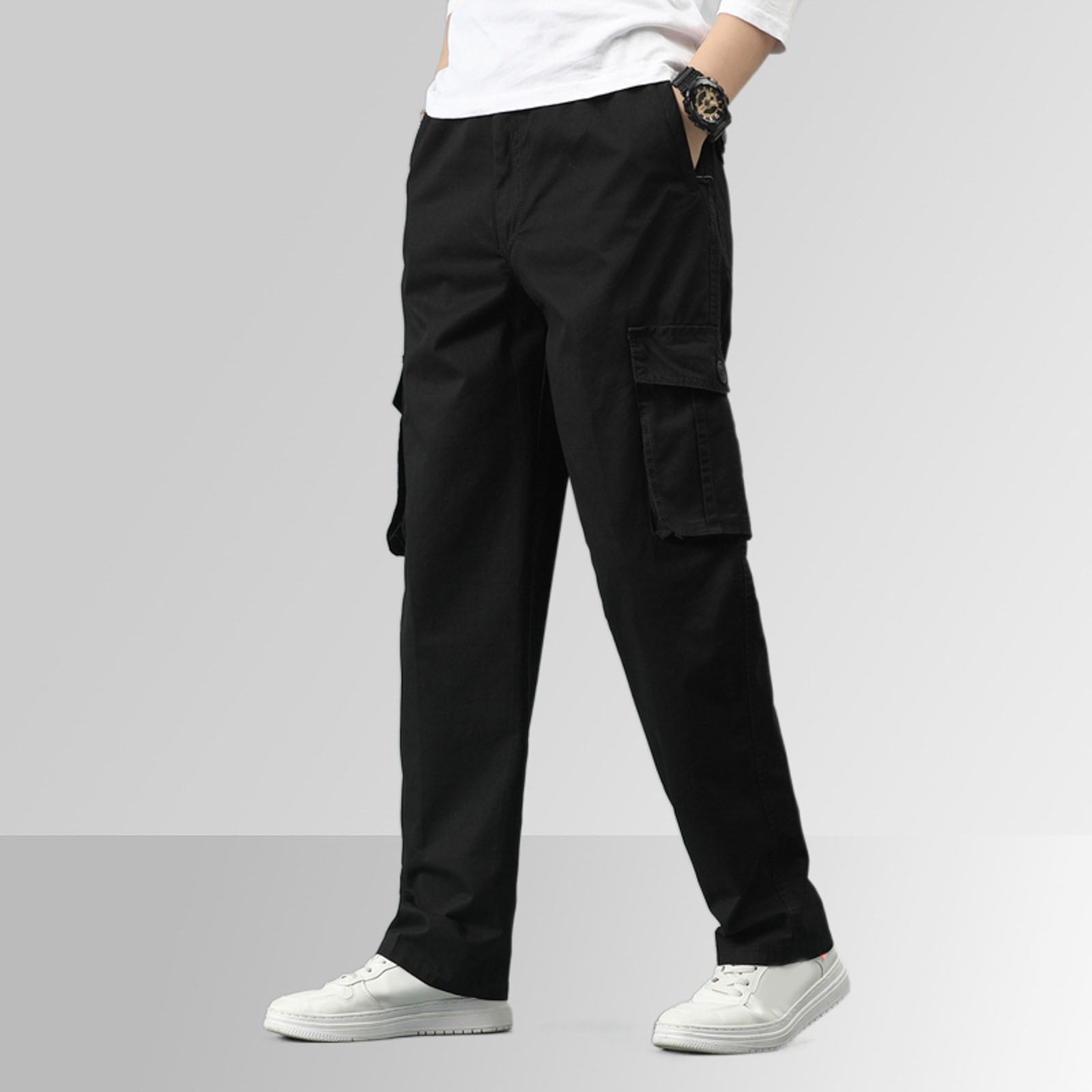Wnegstg Cargo Pants For Men Fashion Solid Loose Cotton Plus Size Pocket