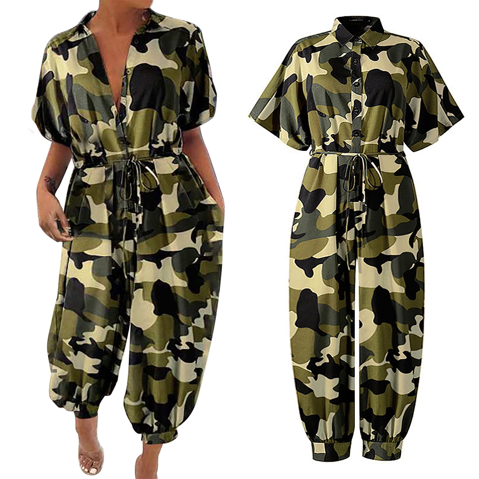 WNEGSTG Jumpsuits for Women Lapel Camouflage Long Rompers - Walmart.com