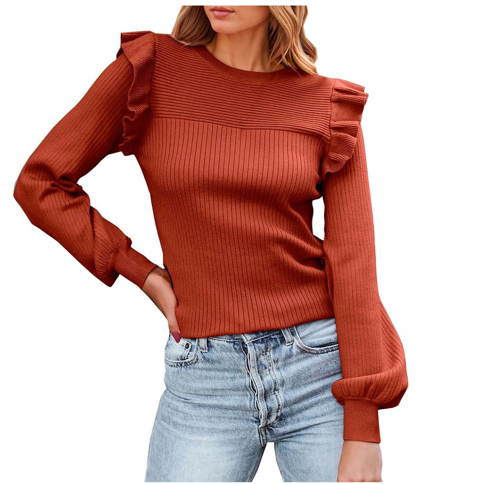 WNEGSTG Long Sleeve Shirts for Women Ruffle Shoulder Sweaters Crew Neck Slim Fitted 2023 Fall ...