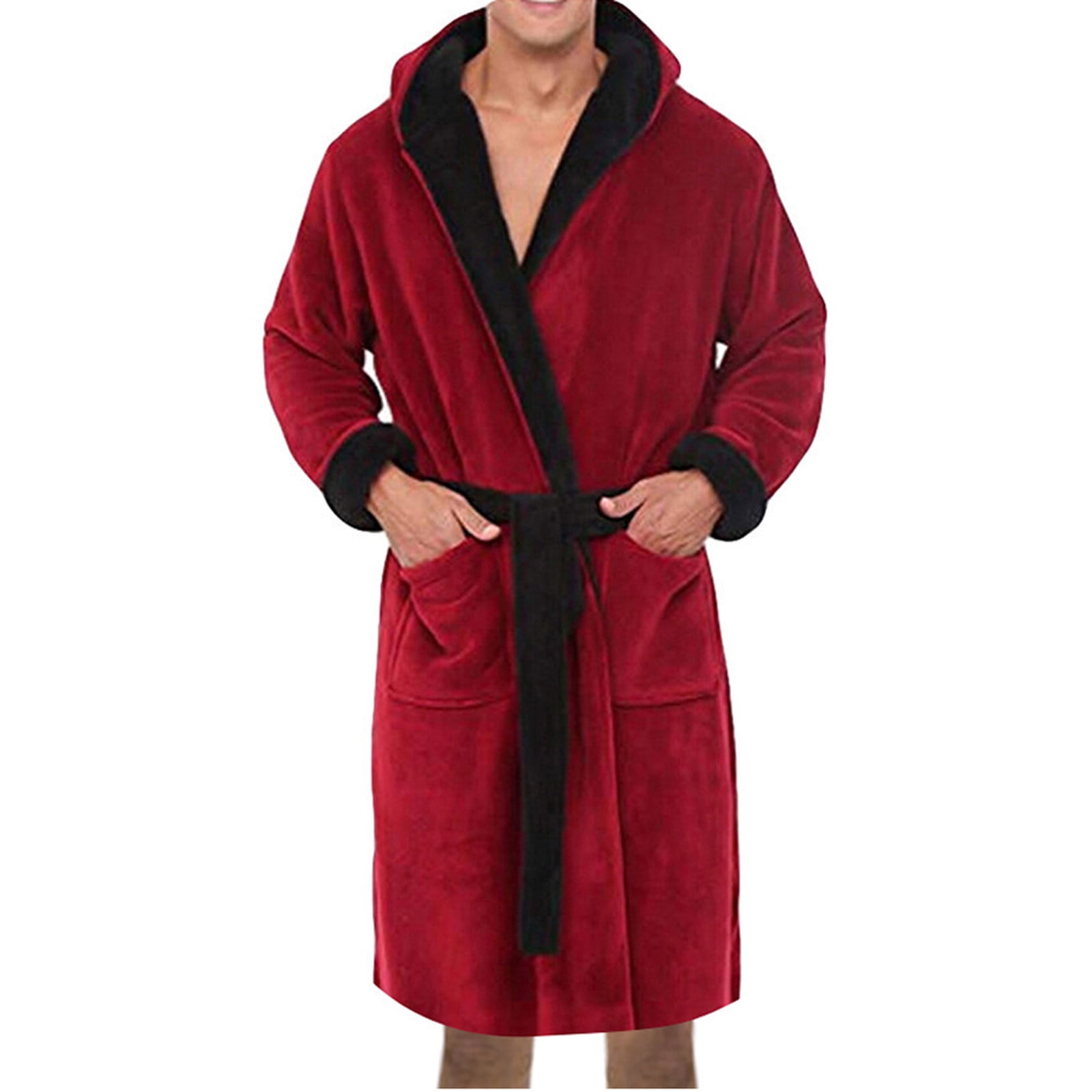 Wnegstg Mens Hooded Robe Plush Long Bath Robes Cozy Warm Bathrobe Fuzzy Male Spa Robe With