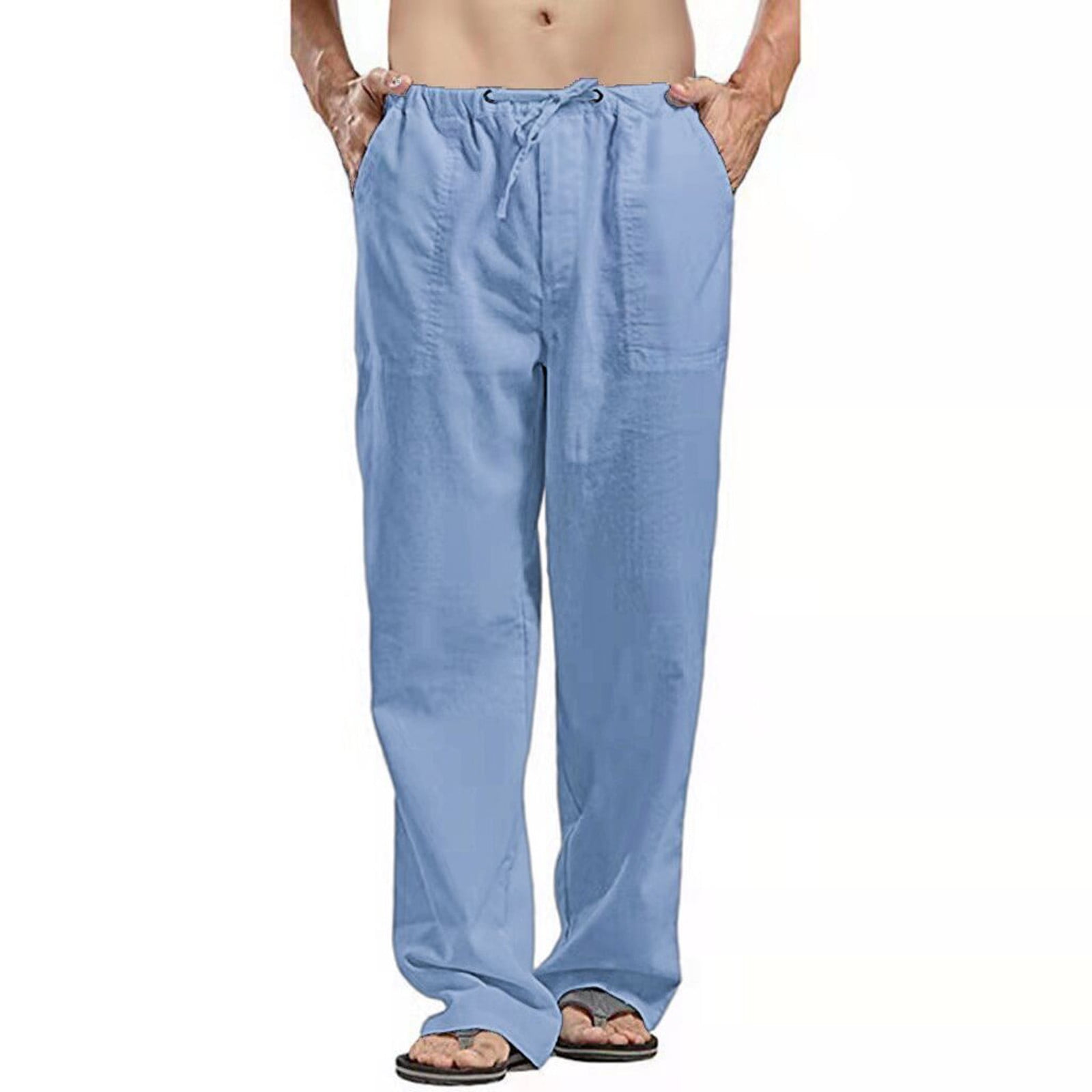 Wnegstg Mens Pajama Pants Men Linen Splicing Overalls Casual Pocket