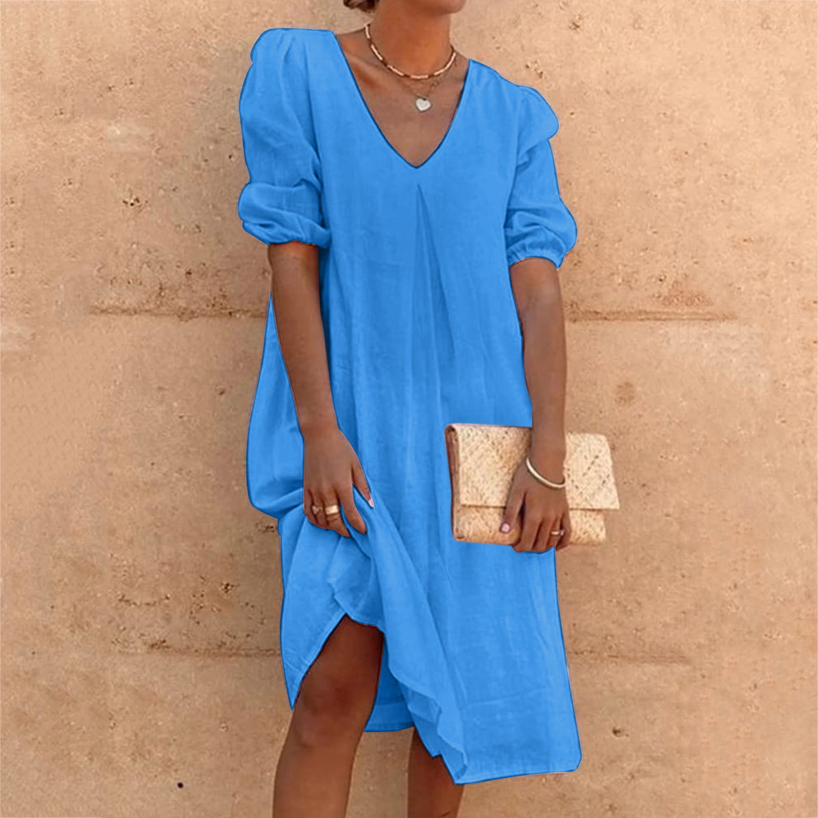 WNEGSTG Summer Dresses for Women Maxi Boho SSundresses,Solid Color V ...