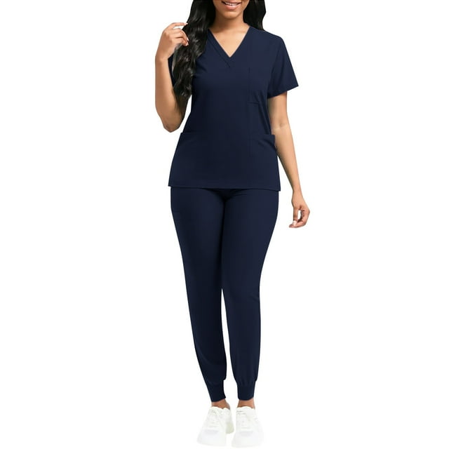 WNEGSTG Womens 2 Piece Outfits Jogger Scrub Set Classic V Neck Top ...