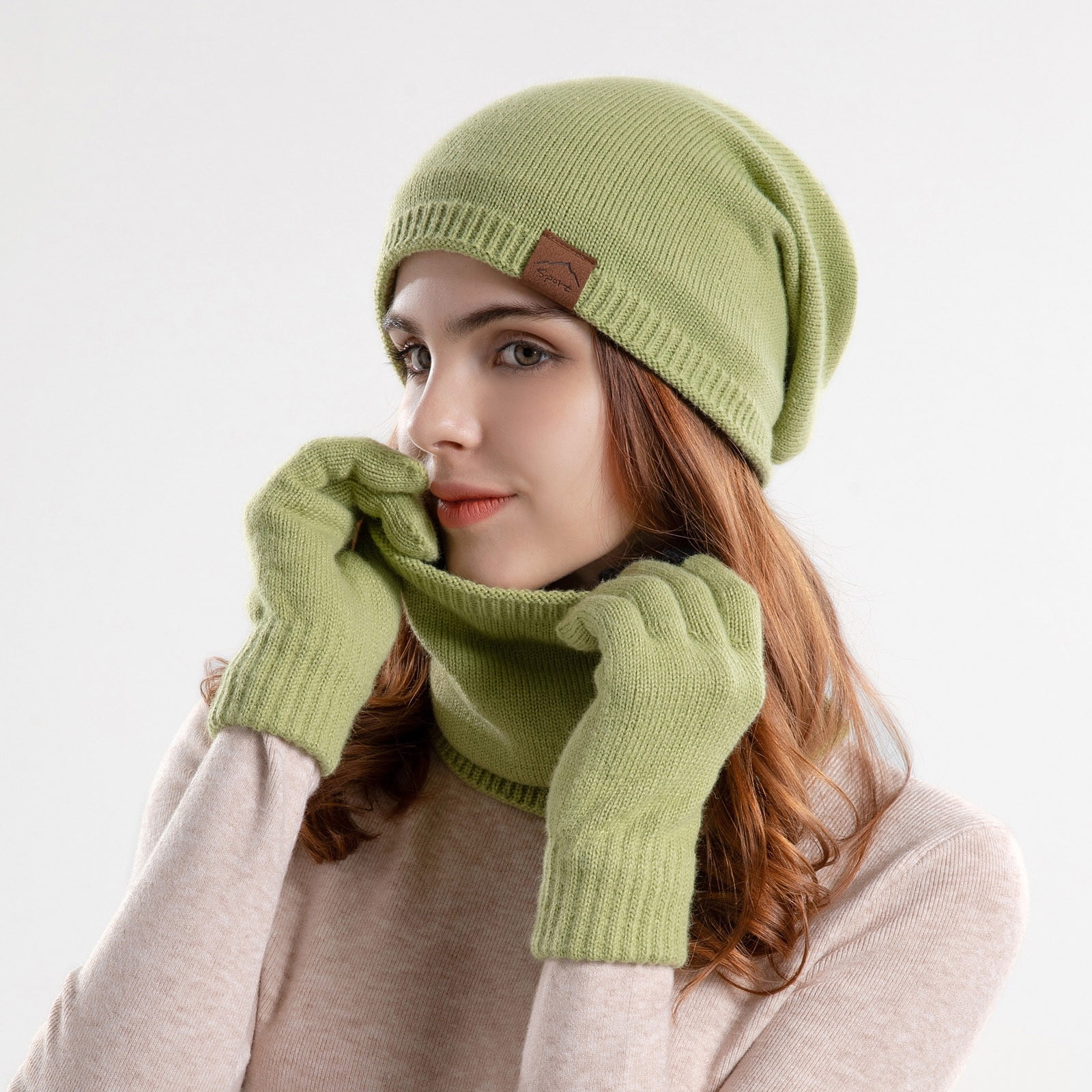 WNEGSTG Womens And Mens Knitting Wool Hat Winter Warm Bib Gloves Three ...