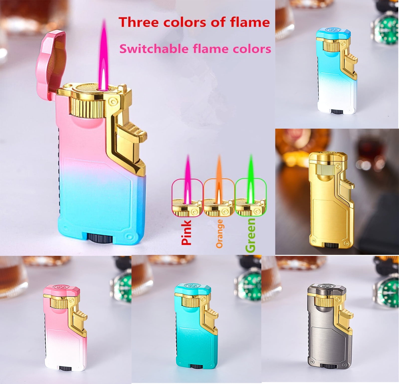 WNFJR Color-Changing 3-Flame Gas Lighter, Windproof Design, Large Gear ...