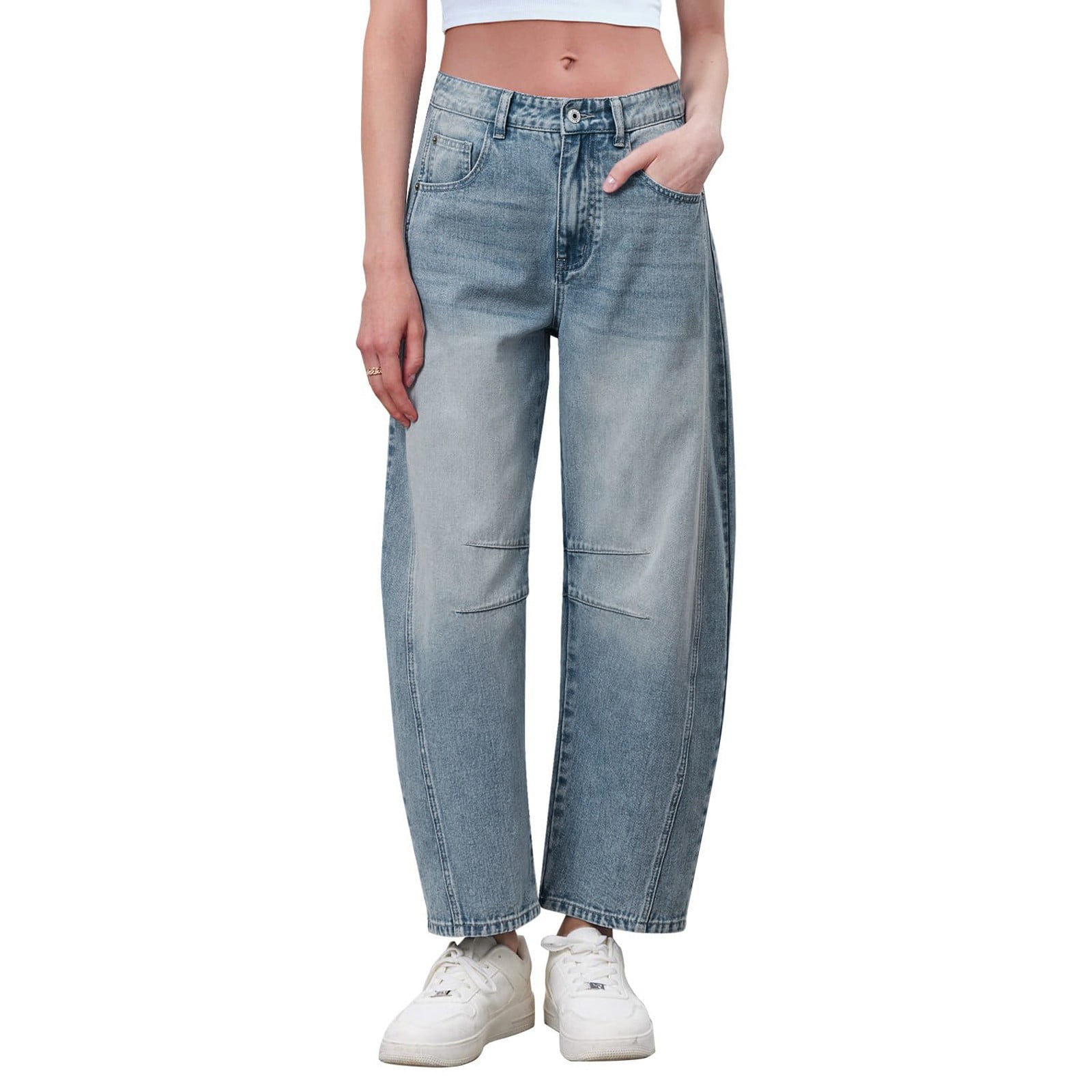 WNG Mid Rise Barrel Jeans for Women Wide Leg Mid Waist Cropped Denim ...