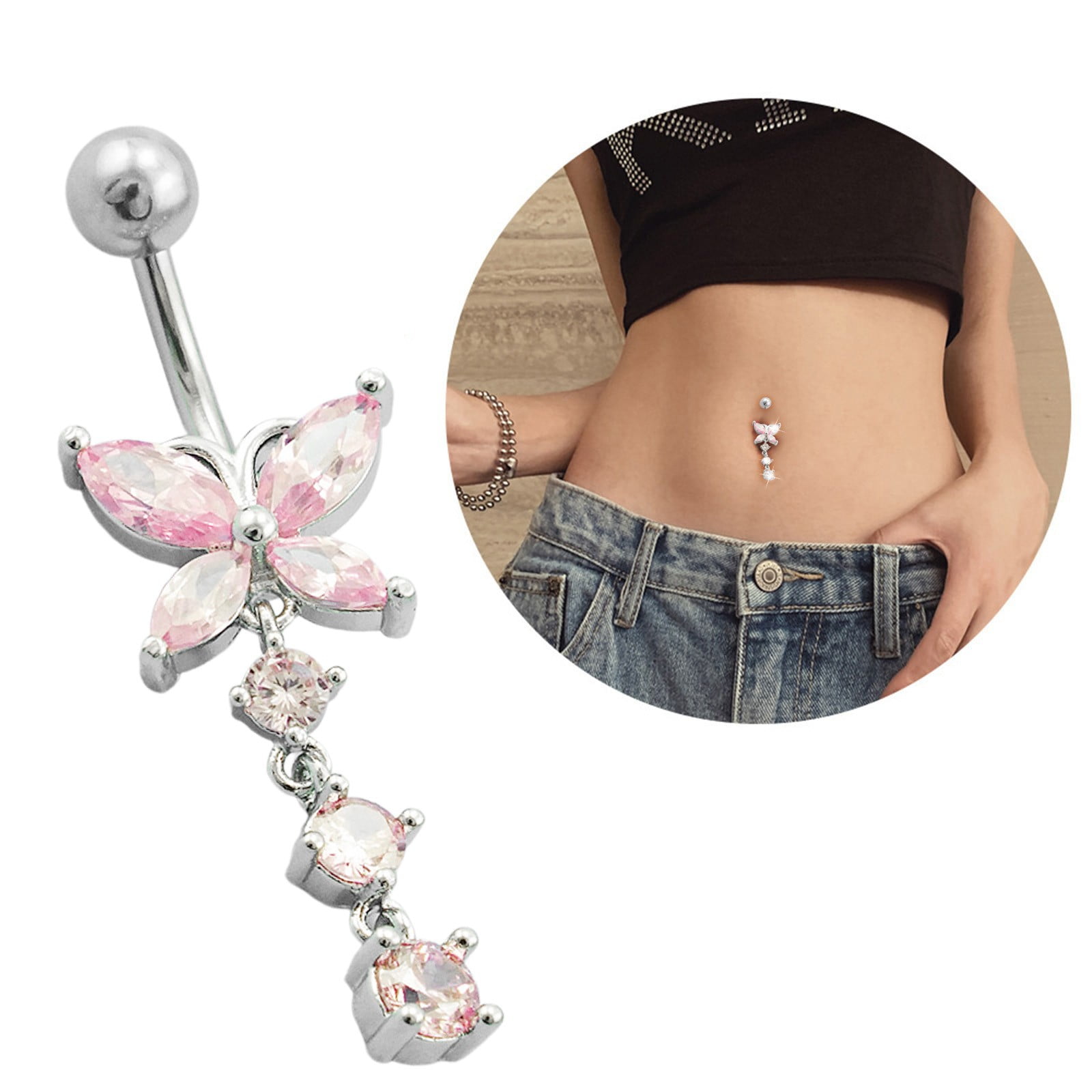 Wng Stainless Steel Rhinestone Navel Belly Button Rings Pink Butterfly