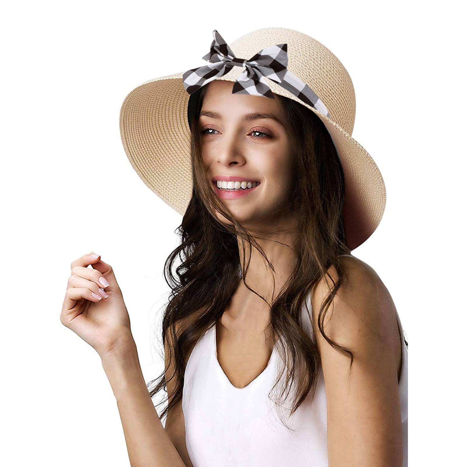 Wng Women Summer Wide Straw Hat Beach Foldable Sun Hats Floppy Roll Up