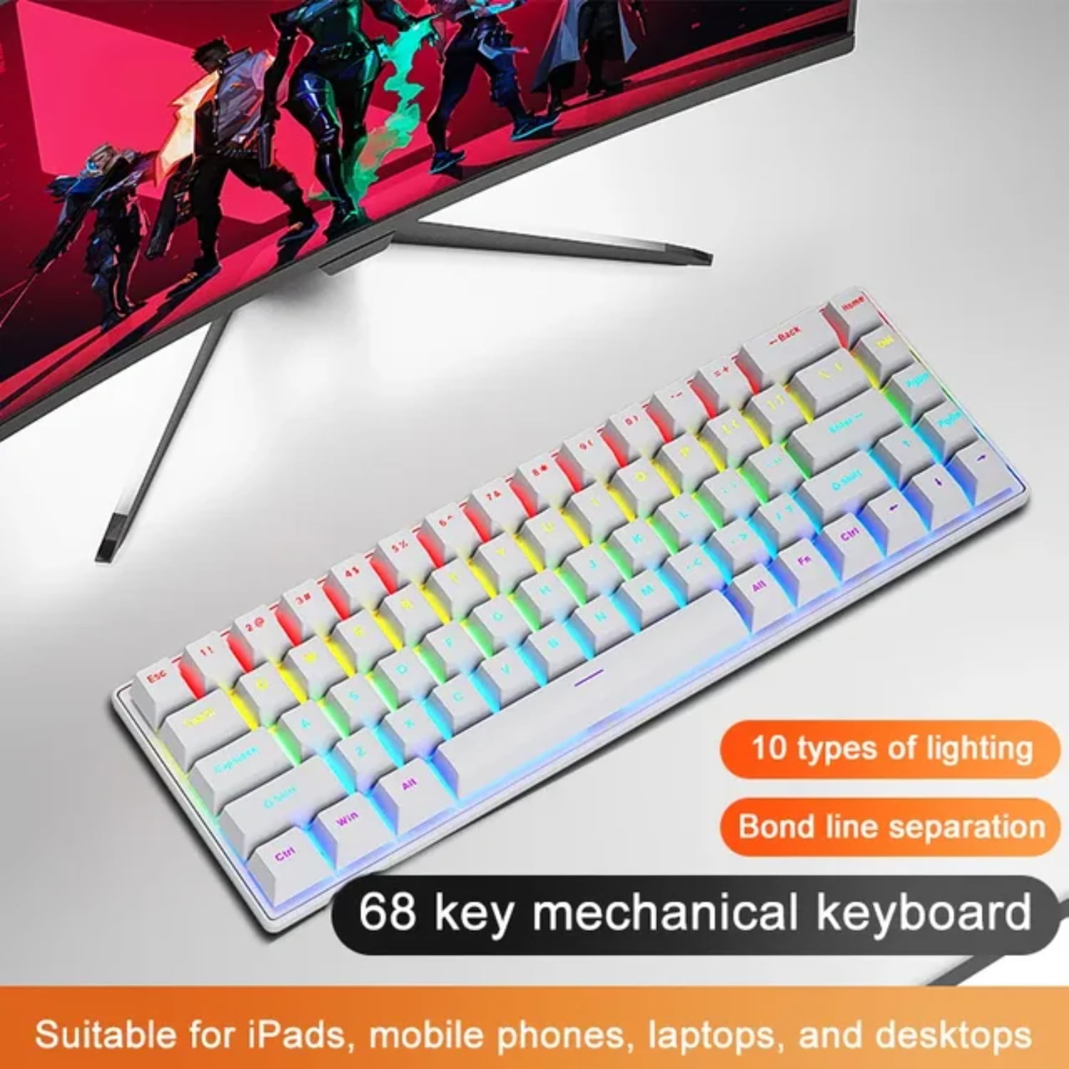 WNGMJN Vibrant Colorful K68 Wired Mechanical Gaming and Office Keyboard with 10 Eye-catching ...