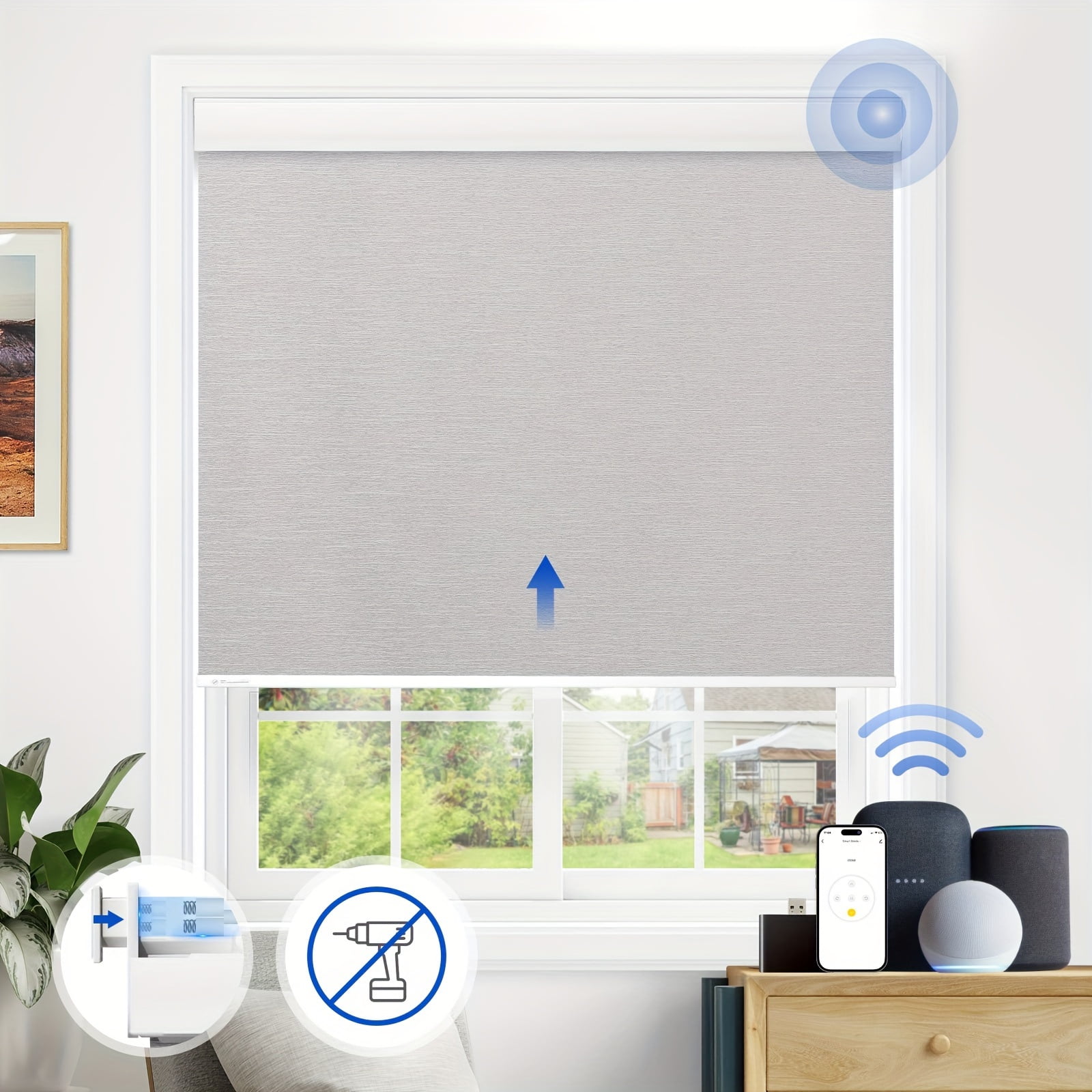 WNGSHA Motorized Roller Shades [No Drill Cordless Blackout] Remote ...