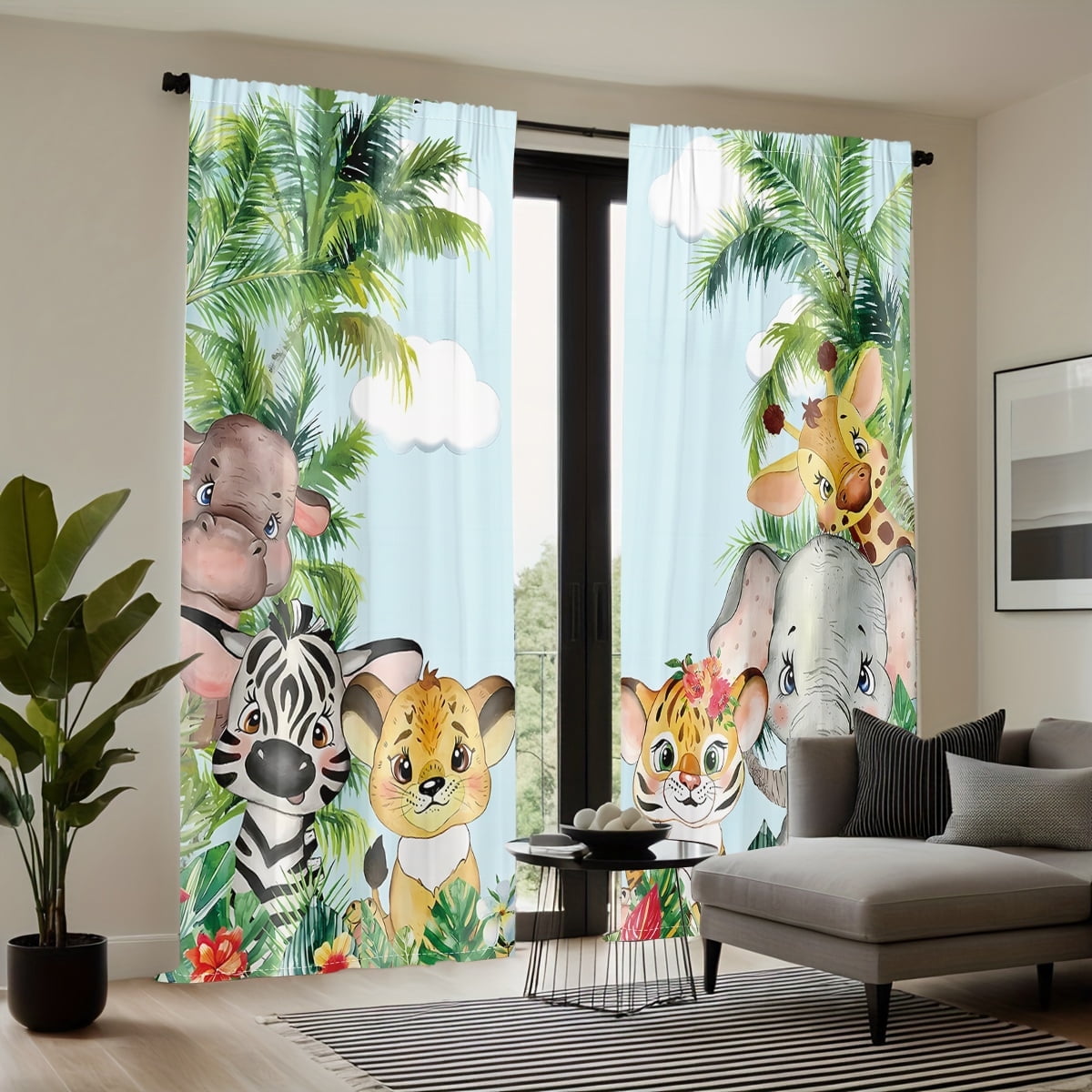 WNOOHIY Cartoon Animal Safari Zoo Theme Print Curtains for Bedroom ...